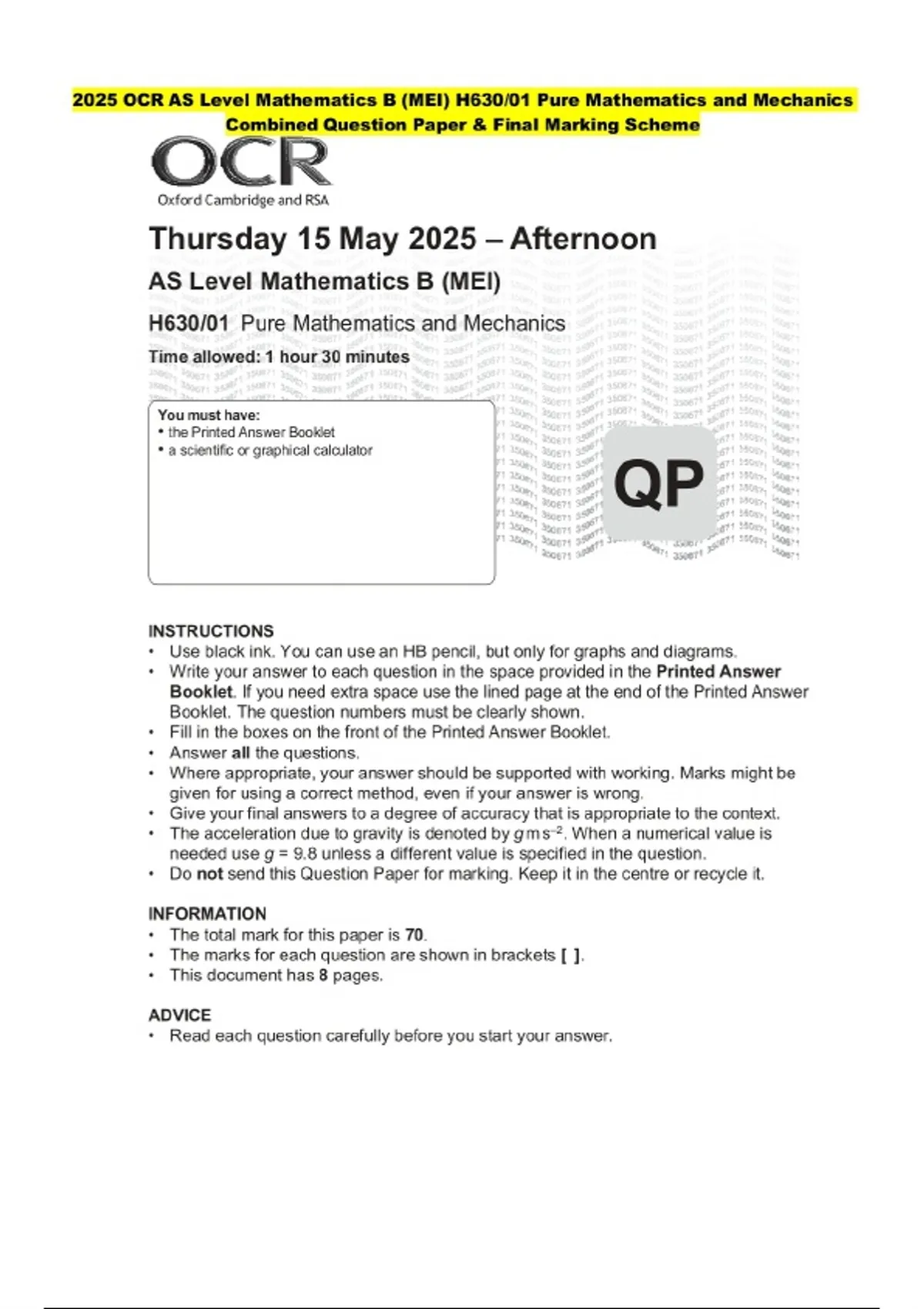2025 OCR AS Level Mathematics B (MEI) H630/01 Pure Mathematics and ...