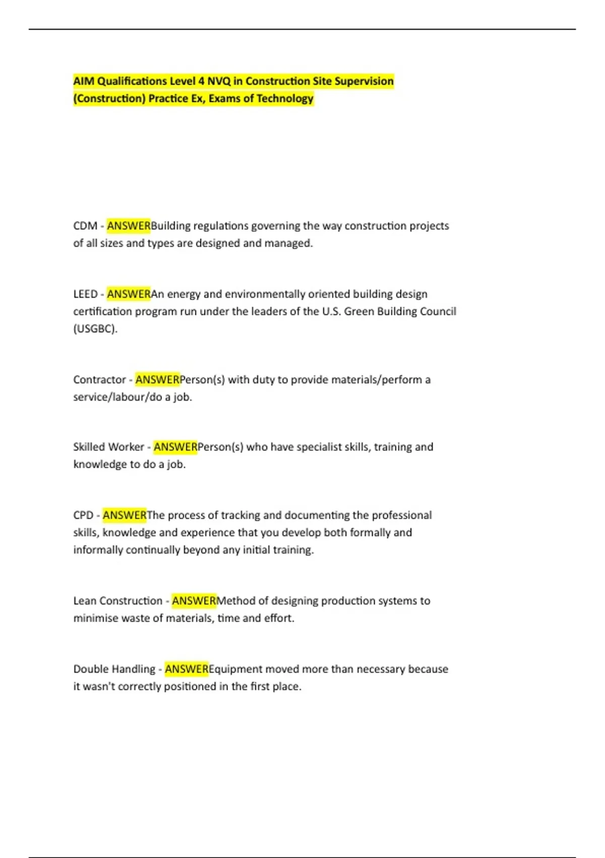 AIM Qualifications Level 4 NVQ in Construction Site Supervision (Construction) Practice Ex ...