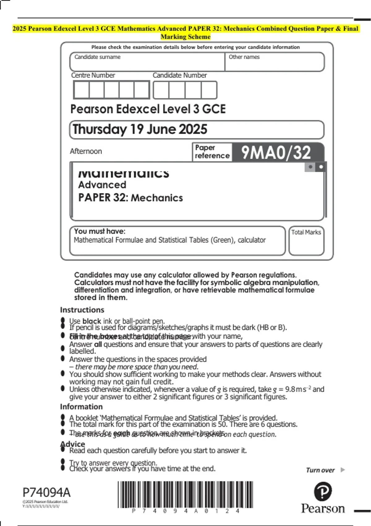 2025 Pearson Edexcel Level 3 GCE Mathematics Advanced PAPER 32 ...