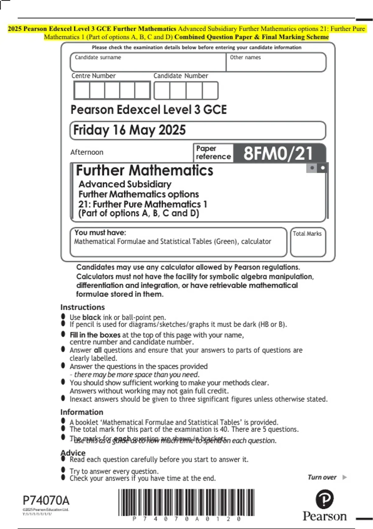 2025 Pearson Edexcel Level 3 GCE Further Mathematics Advanced Subsidiary Further Mathematics ...