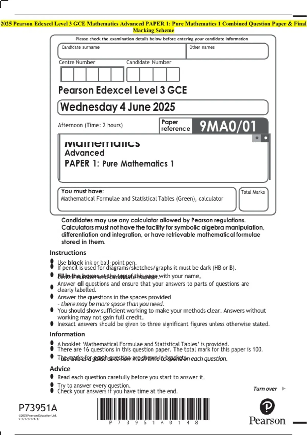 2025 Pearson Edexcel Level 3 GCE Mathematics Advanced PAPER 1: Pure ...