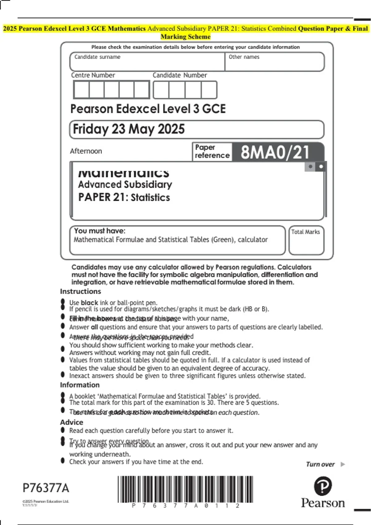 2025 Pearson Edexcel Level 3 GCE Mathematics Advanced Subsidiary PAPER ...