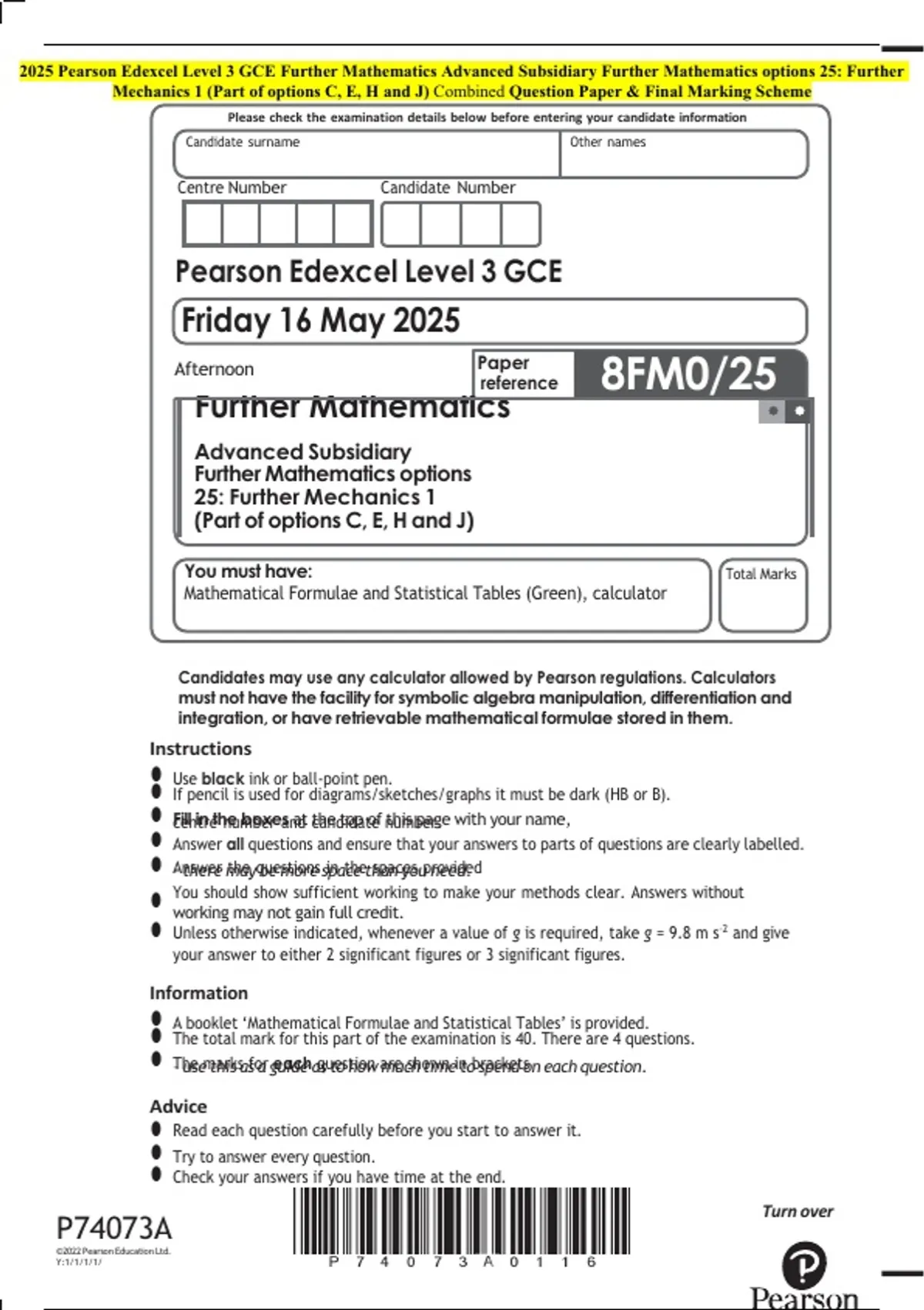 2025 Pearson Edexcel Level 3 GCE Further Mathematics Advanced ...