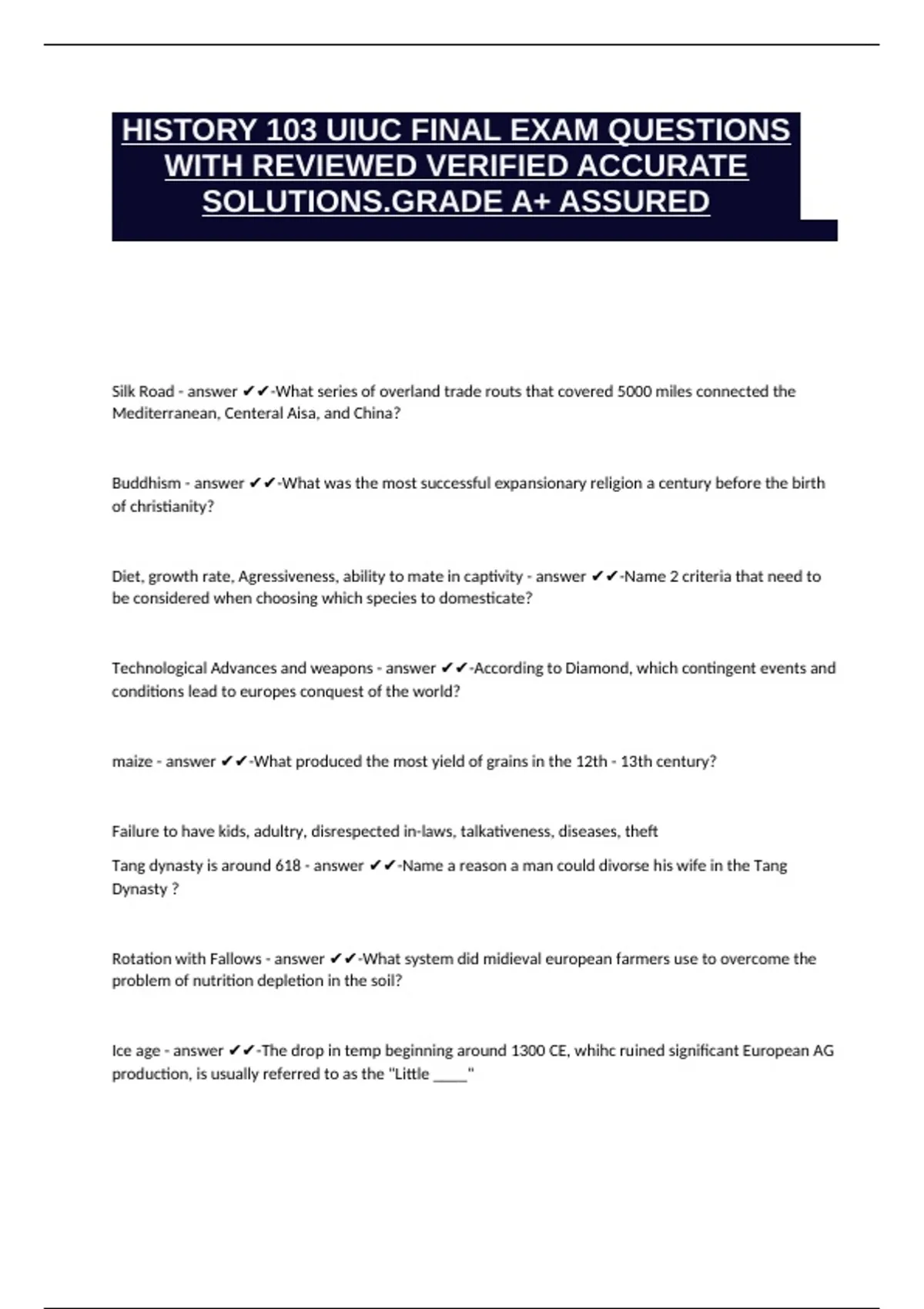 HISTORY 103 UIUC FINAL EXAM QUESTIONS WITH REVIEWED VERIFIED ACCURATE ...