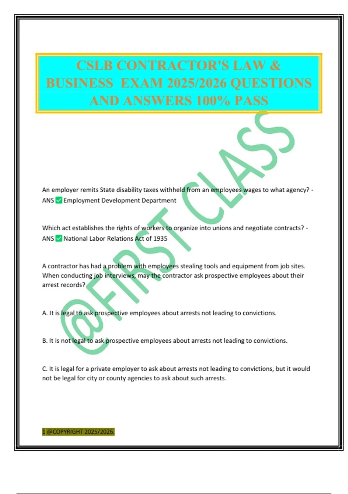 CSLB CONTRACTOR'S LAW & BUSINESS EXAM 2025/2026 QUESTIONS AND ANSWERS ...