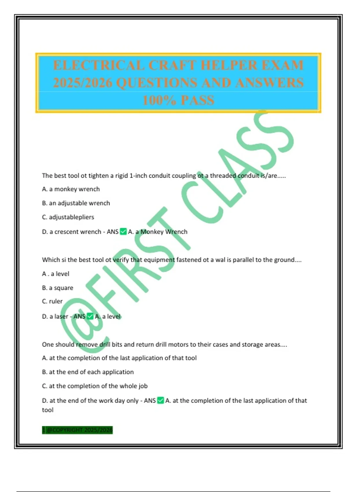 ELECTRICAL CRAFT HELPER EXAM 2025/2026 QUESTIONS AND ANSWERS 100% PASS ...