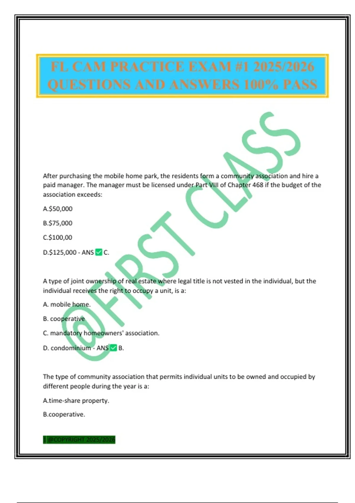FL CAM PRACTICE EXAM #1 2025/2026 QUESTIONS AND ANSWERS 100% PASS - Fl ...