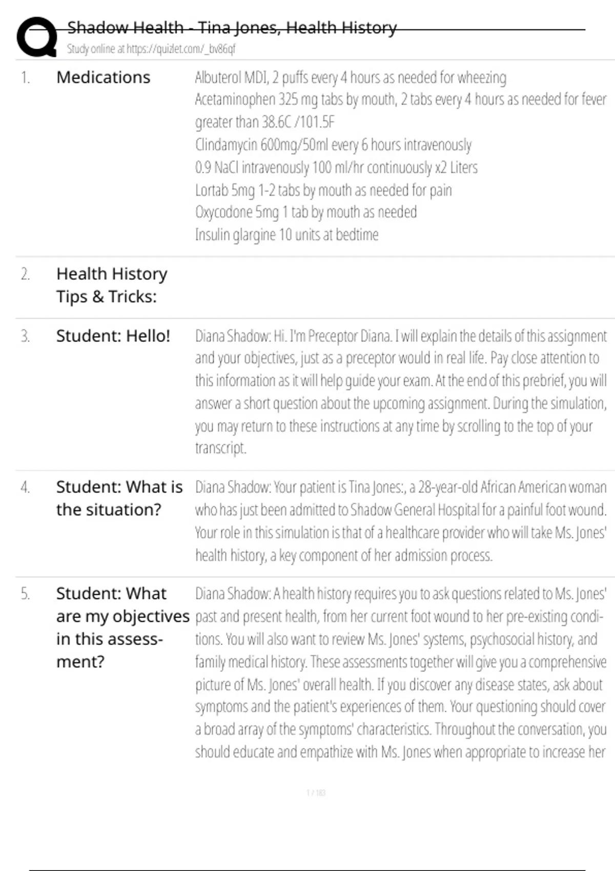 Shadow Health: Tina Jones Health History | Complete Documentation ...