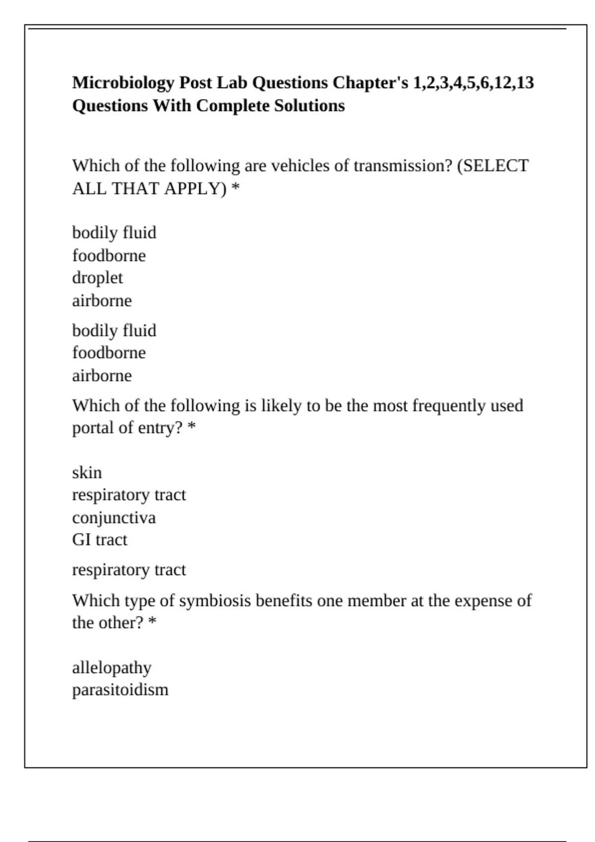 Microbiology Post Lab Questions Chapter's 1,2,3,4,5,6,12,13 Questions ...