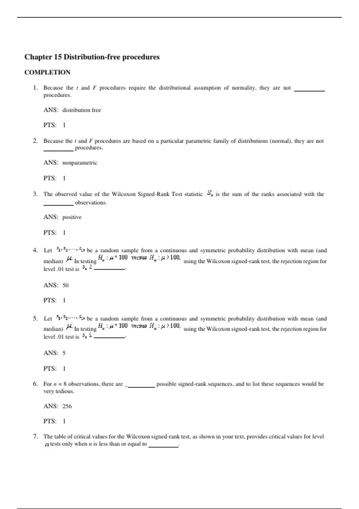 Chapter 15 Distribution-free procedures - Devore Test Bank - A ...