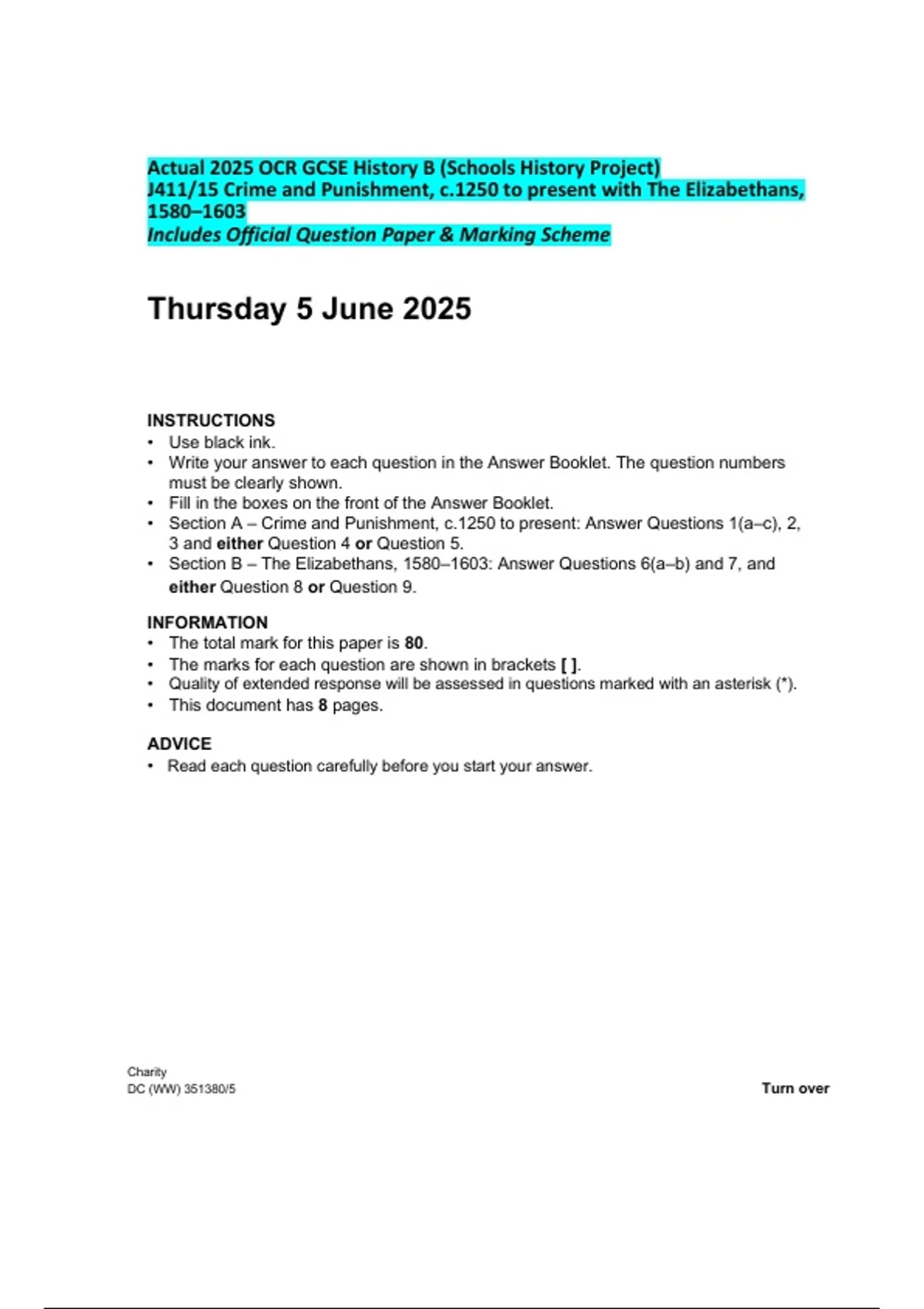 Actual 2025 OCR GCSE History B (Schools History Project) J411/15 Crime ...