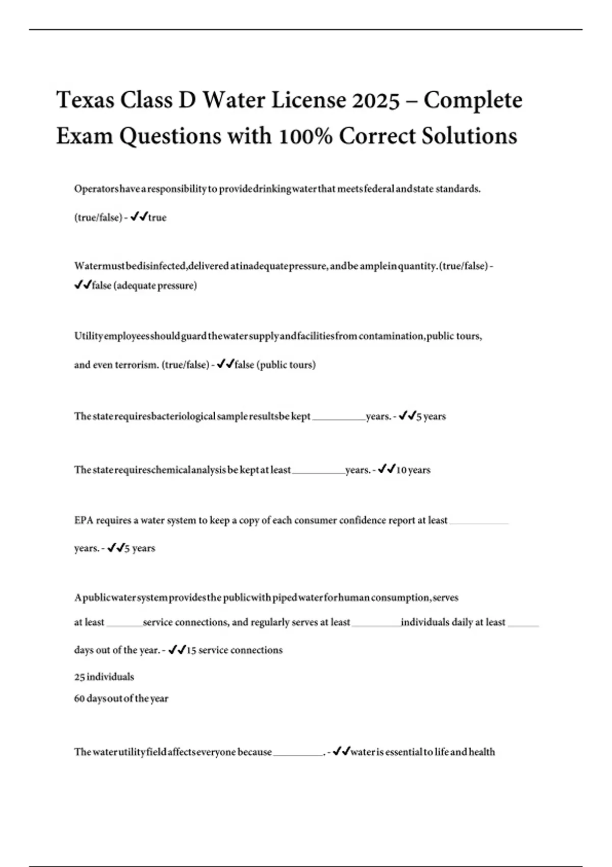 Texas Class D Water License 2025 – Complete Exam Questions with 100% ...