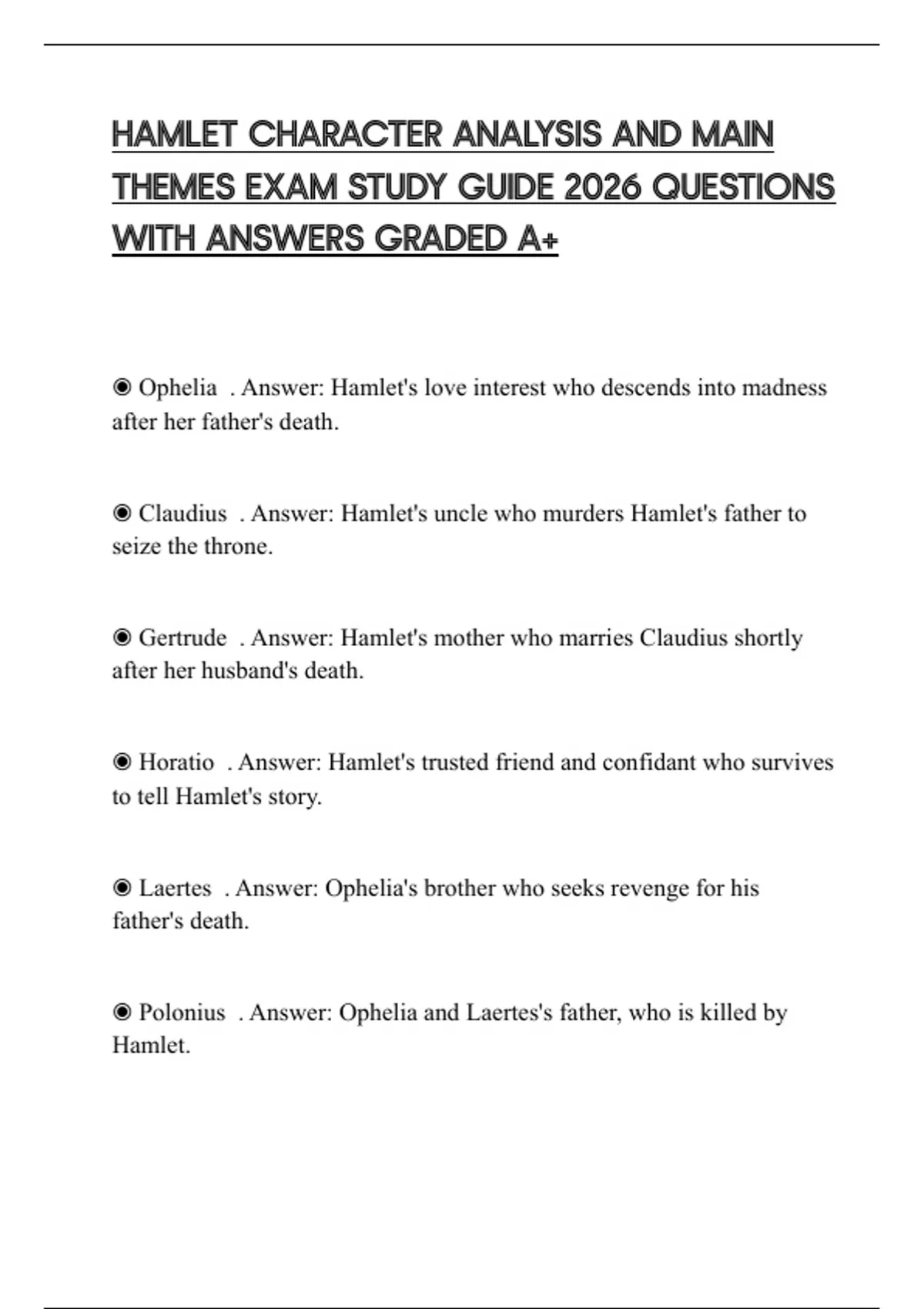 HAMLET CHARACTER ANALYSIS AND MAIN THEMES EXAM STUDY GUIDE 2026 ...