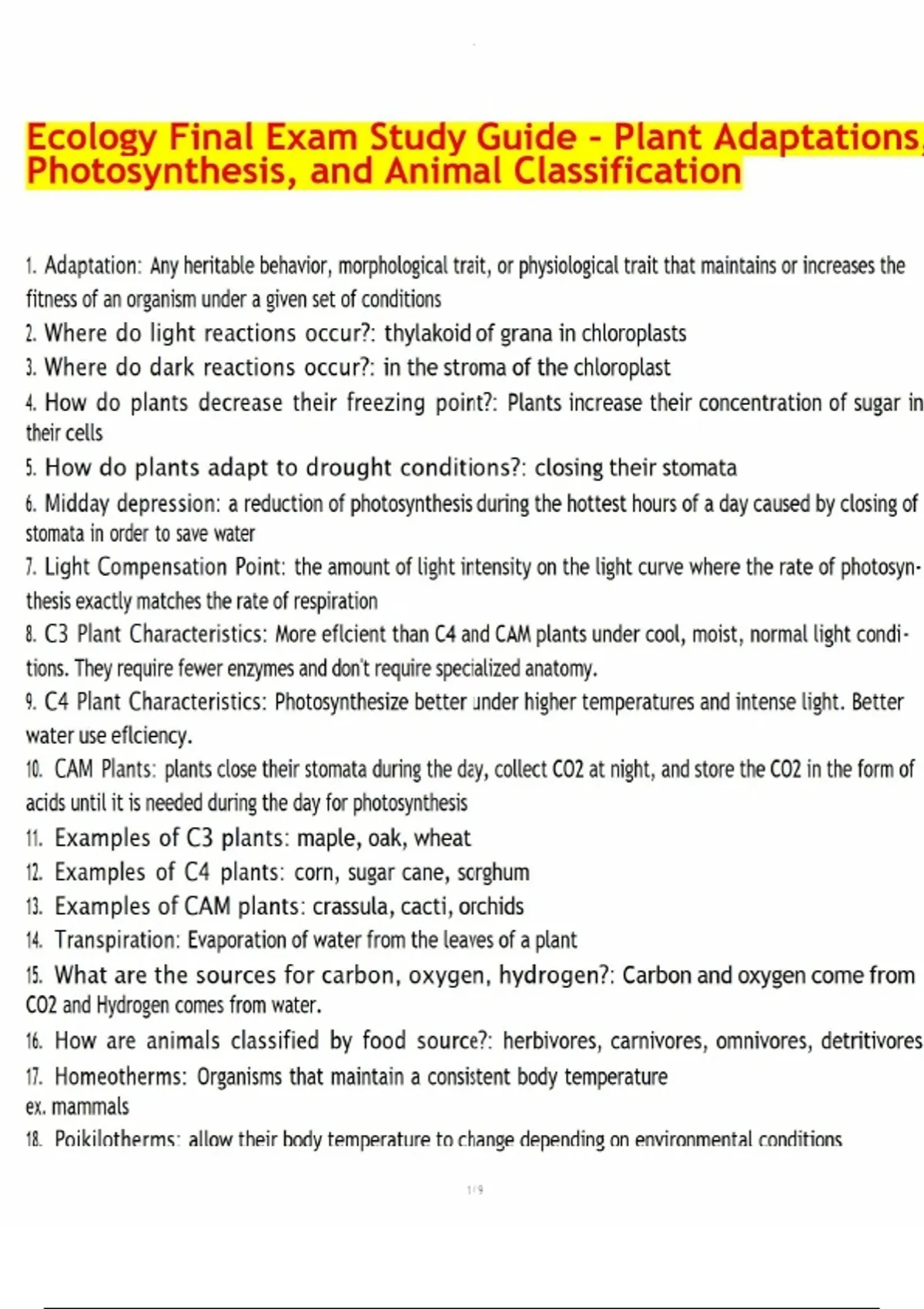 Ecology Final Exam Study Guide – Plant Adaptations, Photosynthesis, and ...
