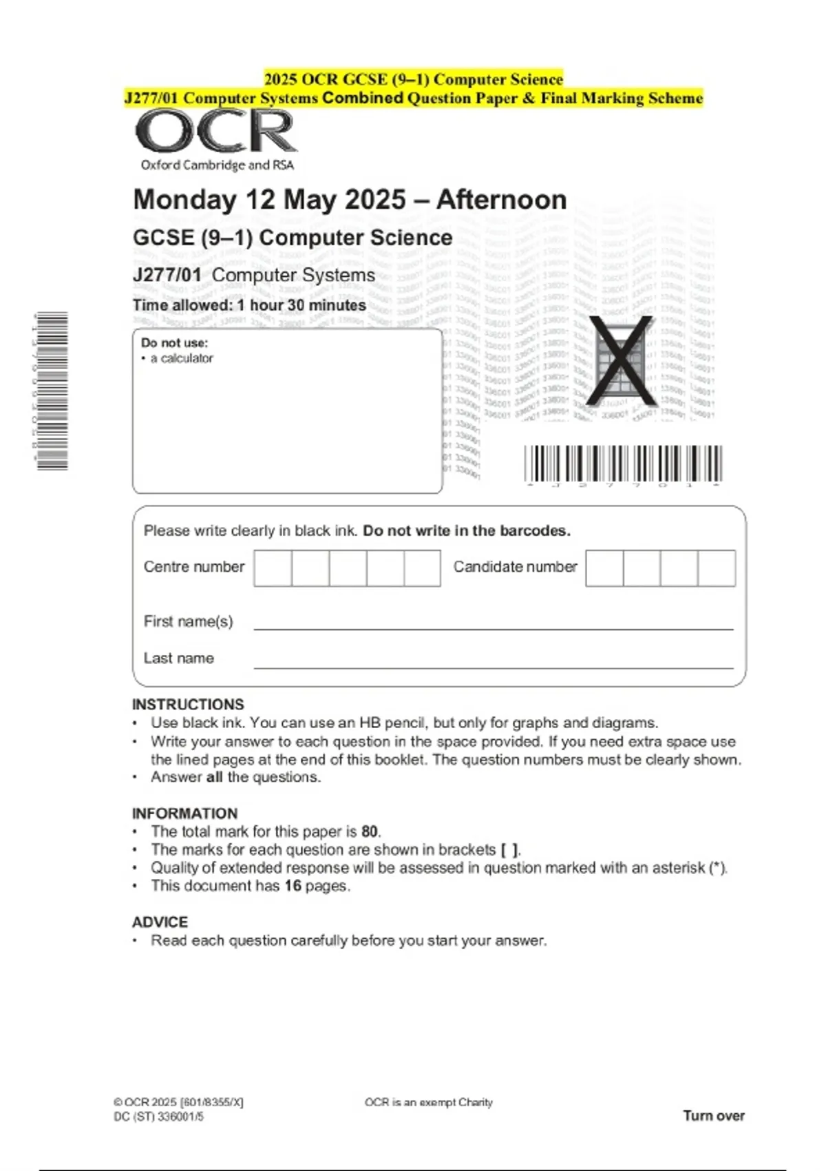 2025 OCR GCSE (9–1) Computer Science J277/01 Computer Systems Combined Question Paper & Final ...