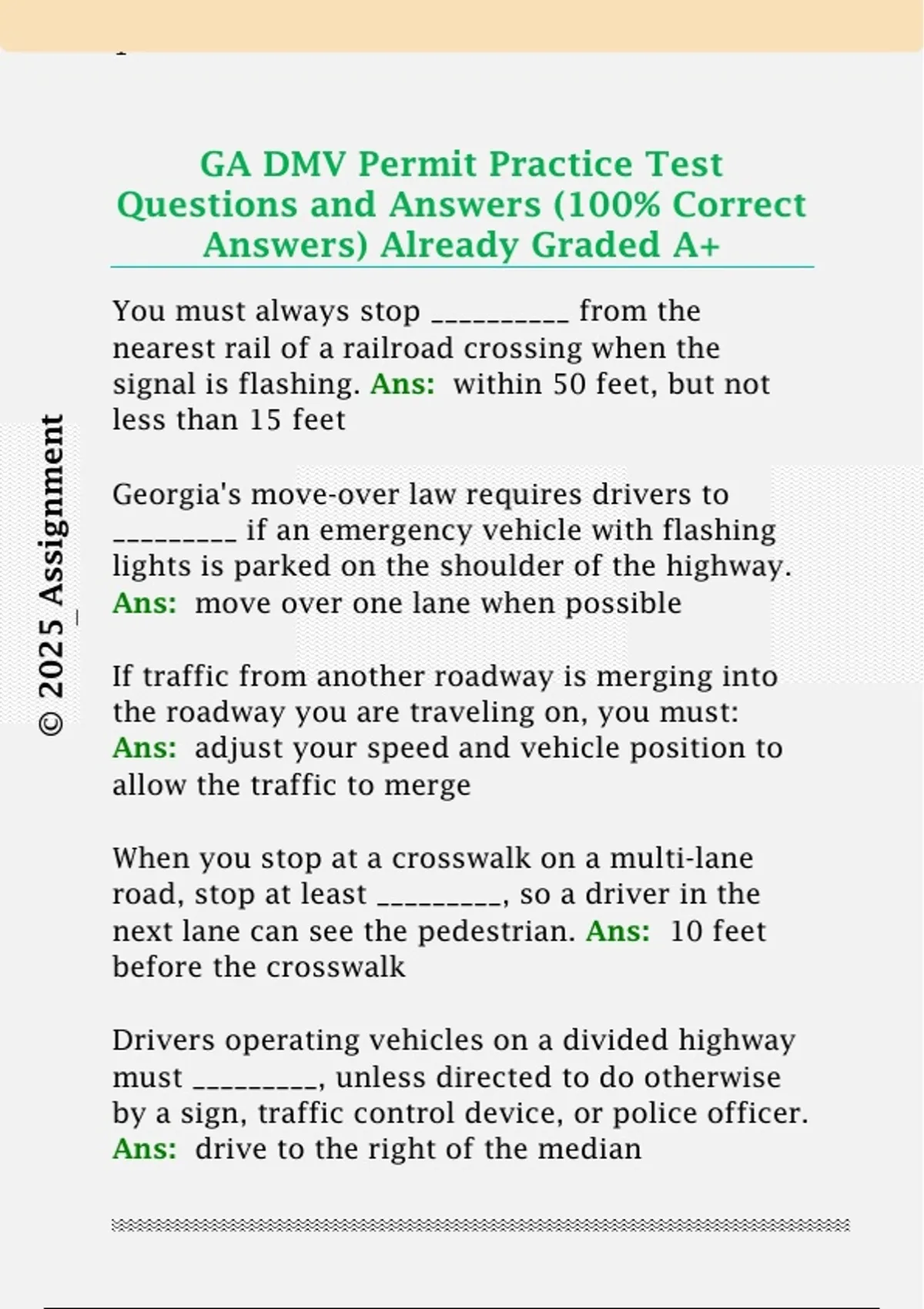 GA DMV Permit Practice Test Questions and Answers (100% Correct Answers ...