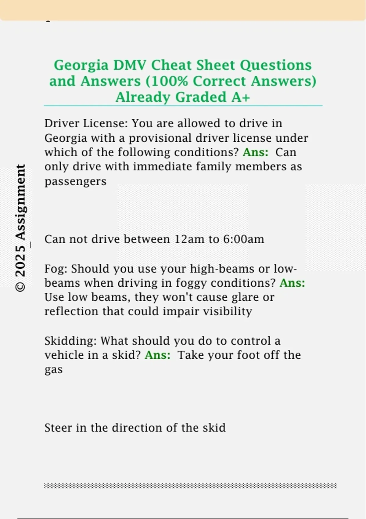 Georgia DMV Cheat Sheet Questions and Answers (100% Correct Answers ...