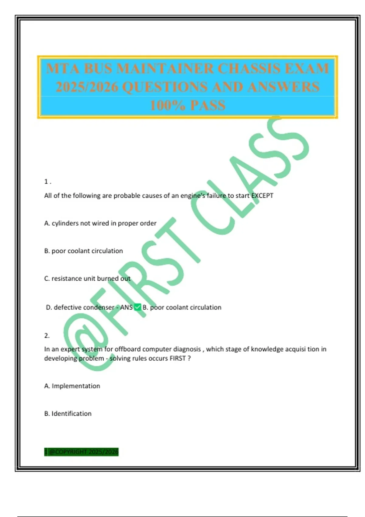 MTA BUS MAINTAINER CHASSIS EXAM 2025/2026 QUESTIONS AND ANSWERS 100% ...