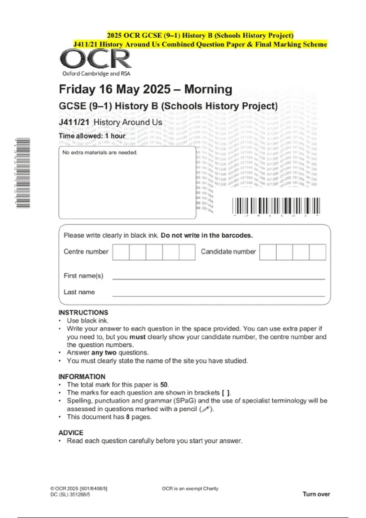 2025 OCR GCSE (9–1) History B (Schools History Project) J411/21 History ...