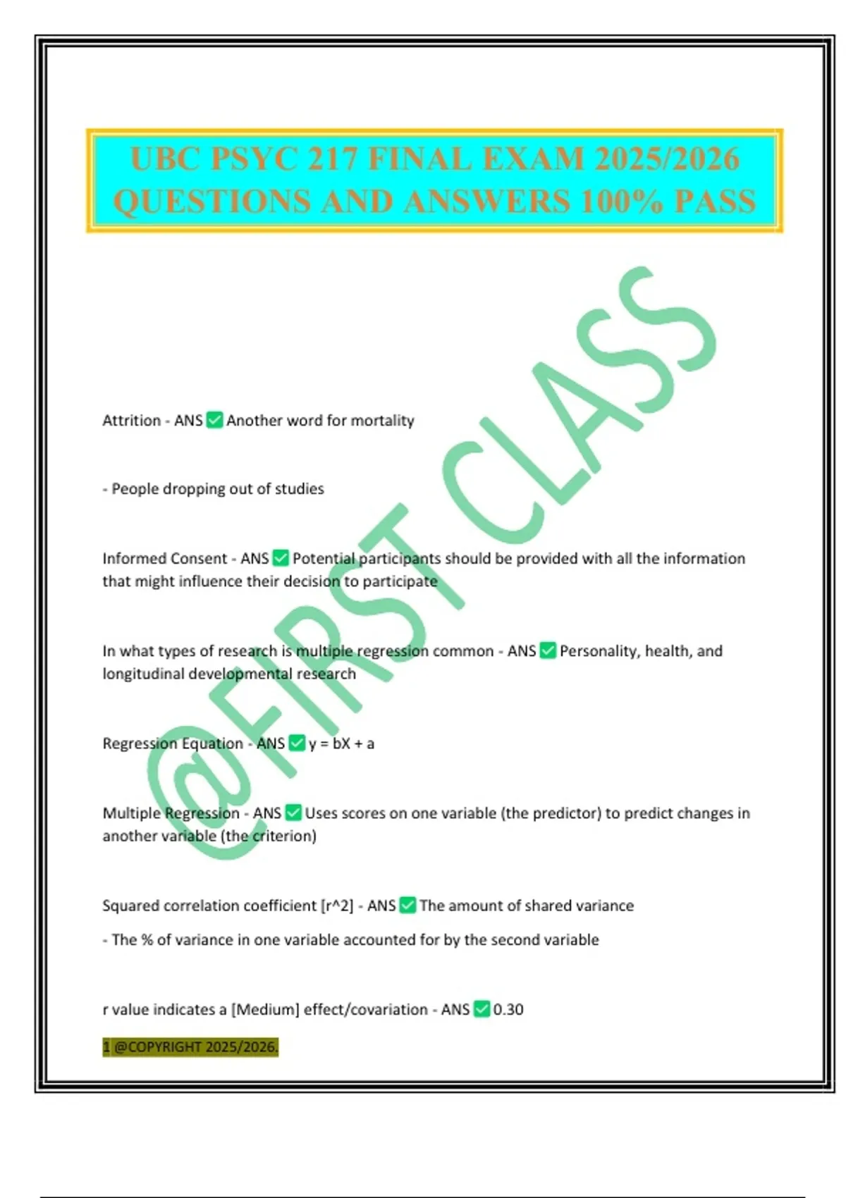 UBC PSYC 217 FINAL EXAM 2025/2026 QUESTIONS AND ANSWERS 100% PASS ...
