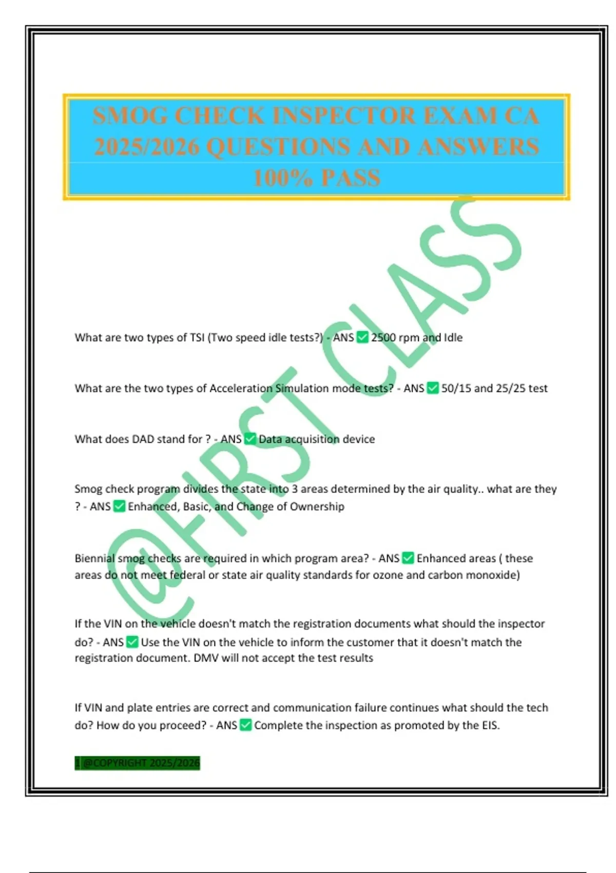 SMOG CHECK INSPECTOR EXAM CA 2025/2026 QUESTIONS AND ANSWERS 100% PASS ...