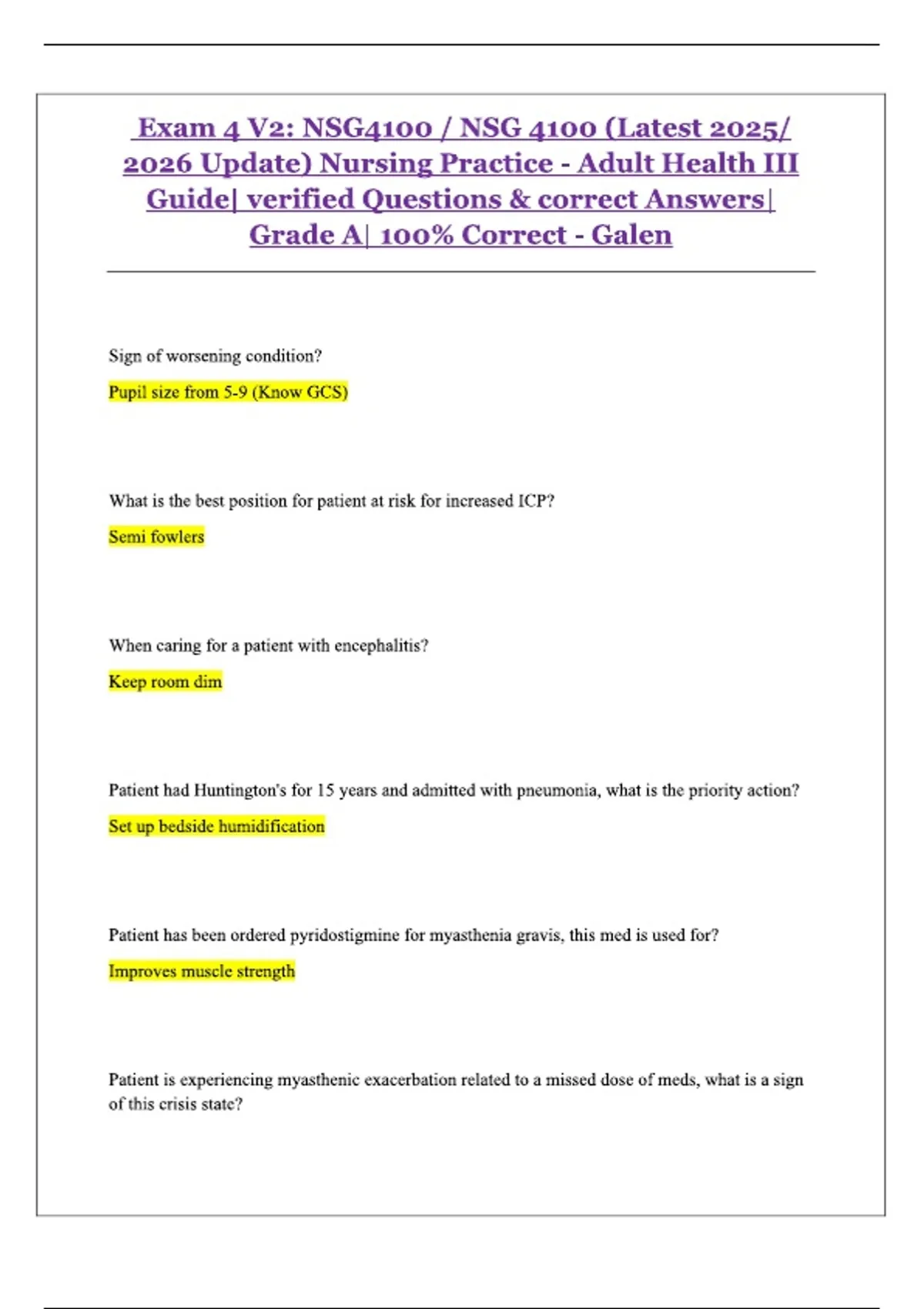 NSG4100 / NSG 4100 Exam 4 V2: Nursing Practice - Adult Health III Guide ...