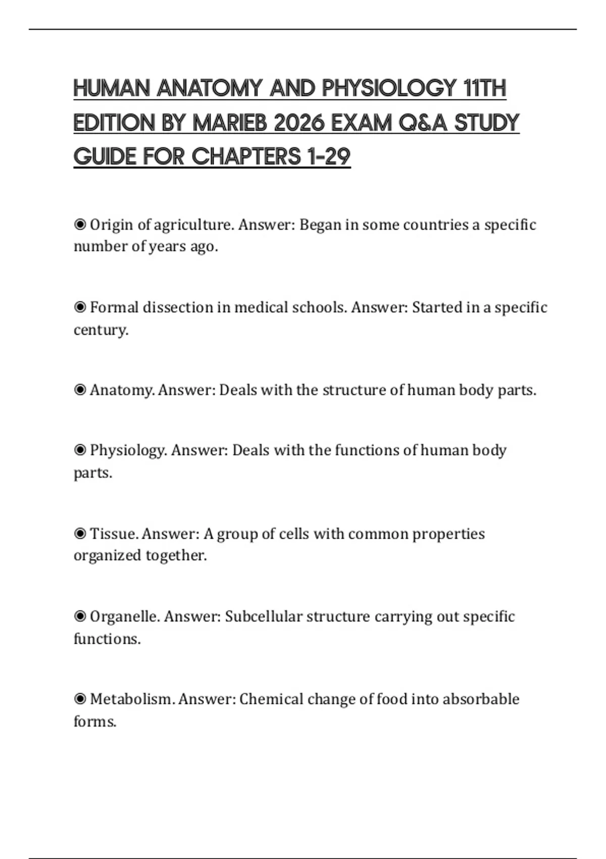 HUMAN ANATOMY AND PHYSIOLOGY 11TH EDITION BY MARIEB 2026 EXAM Q&A STUDY ...