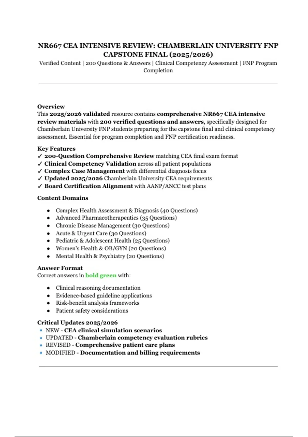 NR667 CEA Intensive Review: Chamberlain University FNP Capstone Final ...