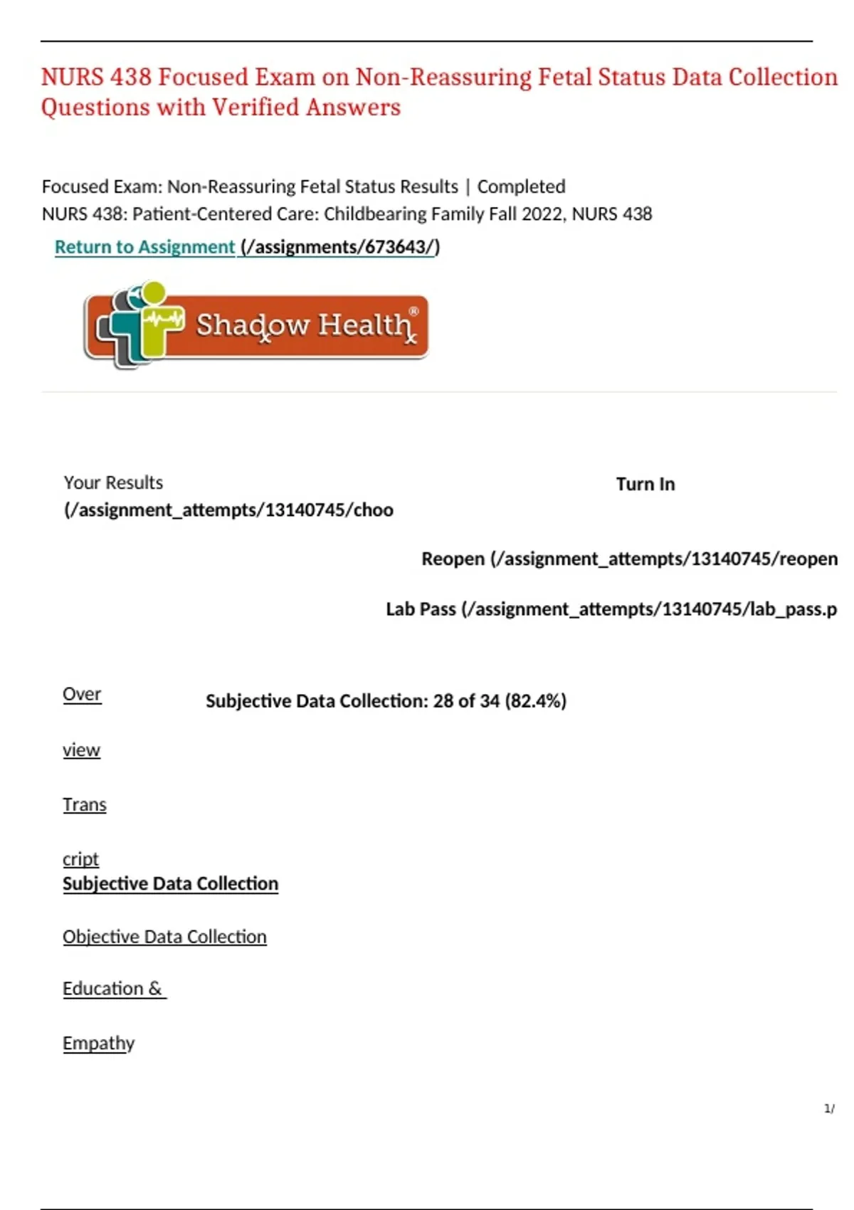 NURS 438: Focused Exam on Non-Reassuring Fetal Status Data Collection ...