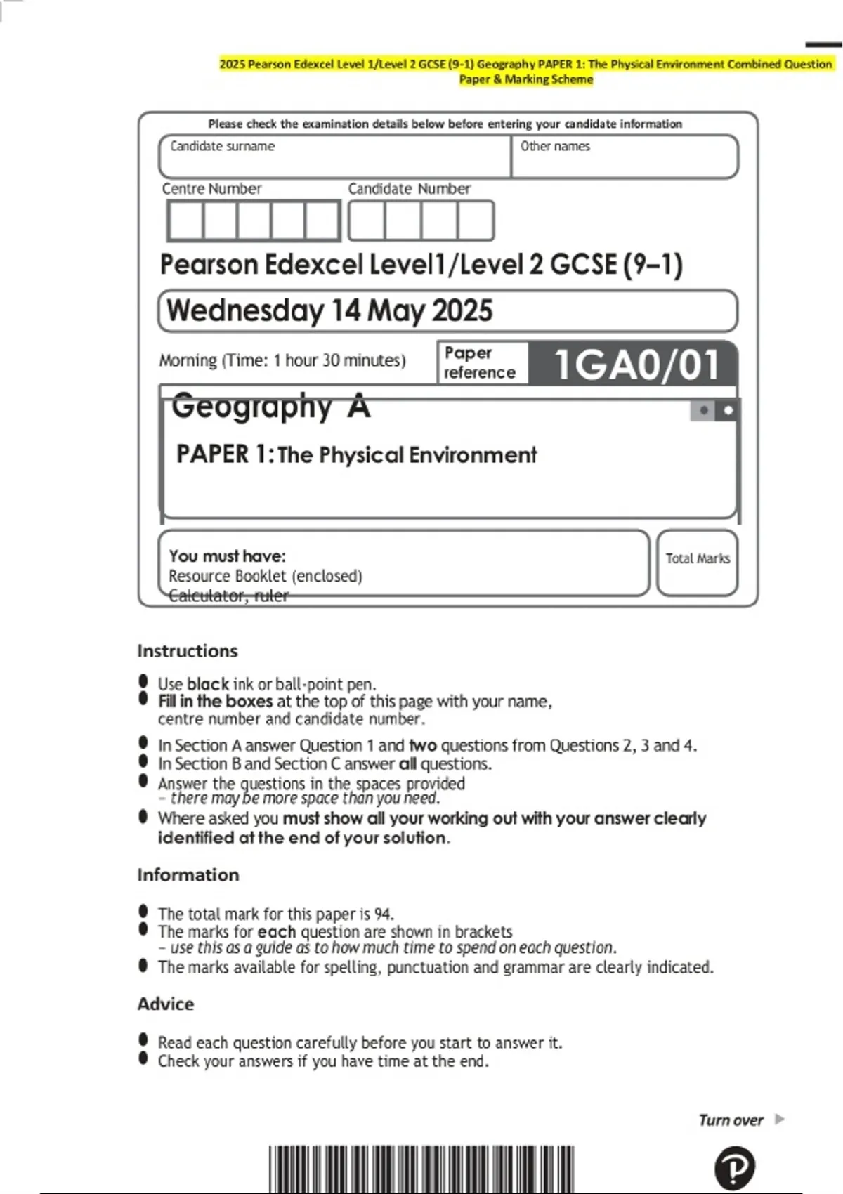 2025 Pearson Edexcel Level 1/Level 2 GCSE (9–1) Geography PAPER 1: The ...