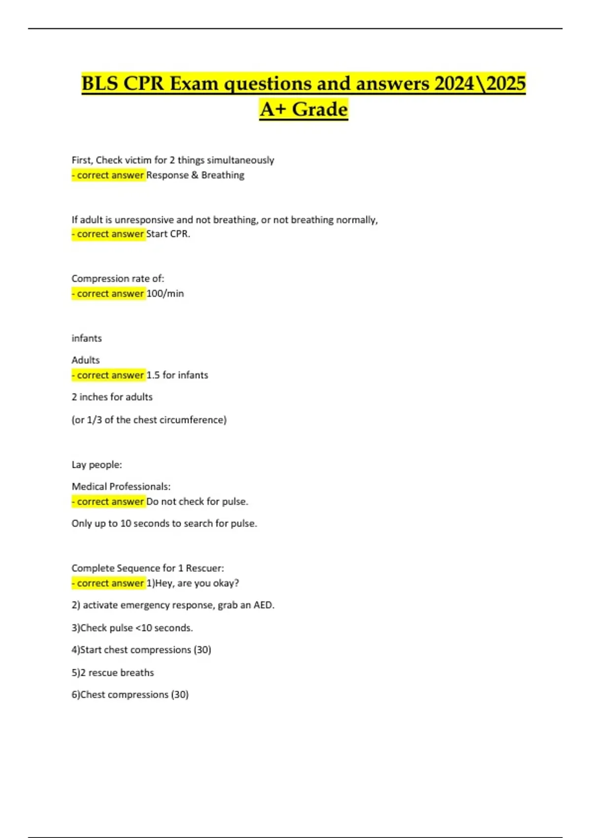 BLS CPR Exam – Questions and Answers (2024/2025) | Verified Actual A+ ...