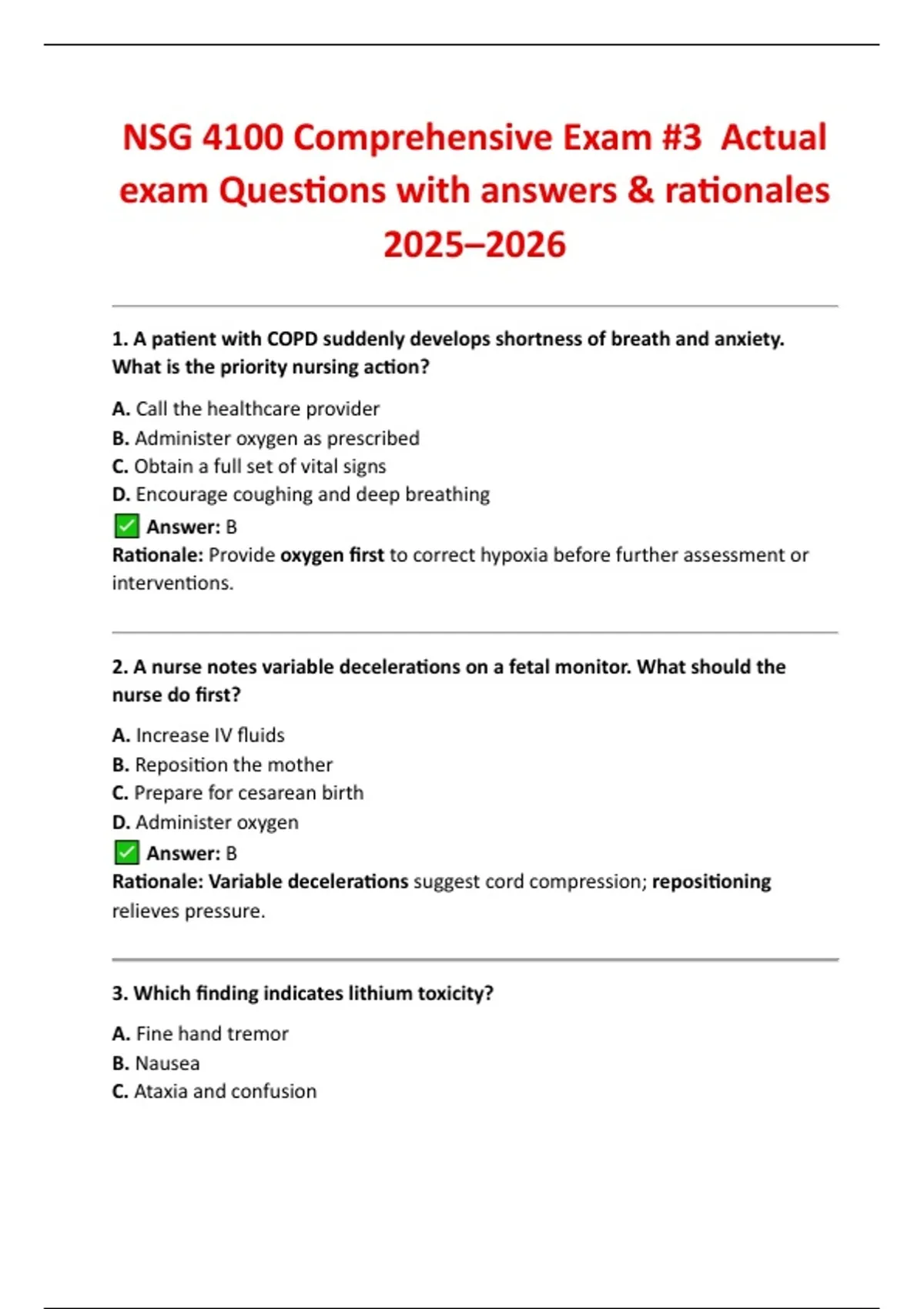 NSG 4100 Comprehensive Exam #3 Actual exam Questions with answers ...