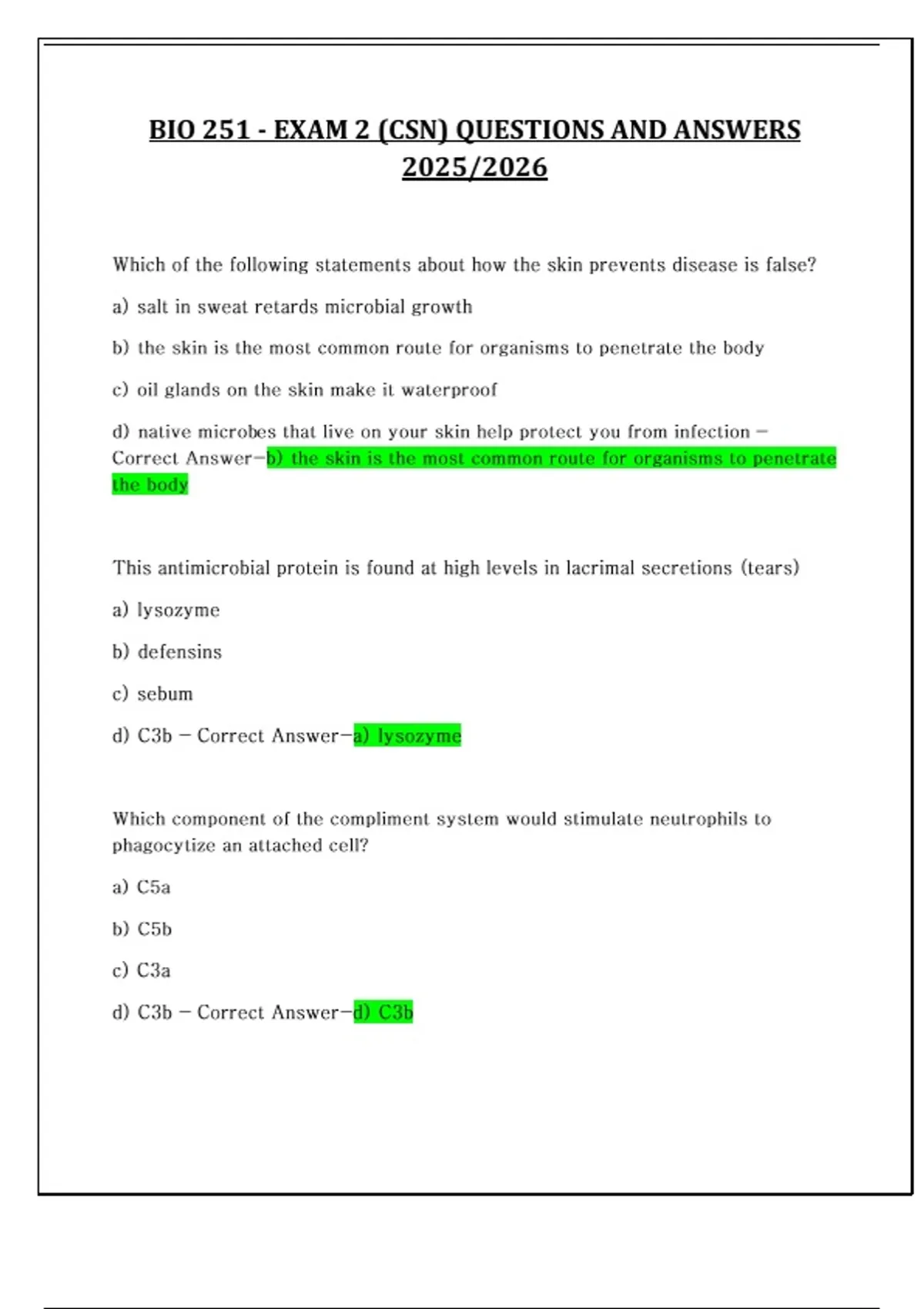 BIO 251 - EXAM 2 (CSN) QUESTIONS AND ANSWERS 2025/2026 - BIO 251 ...