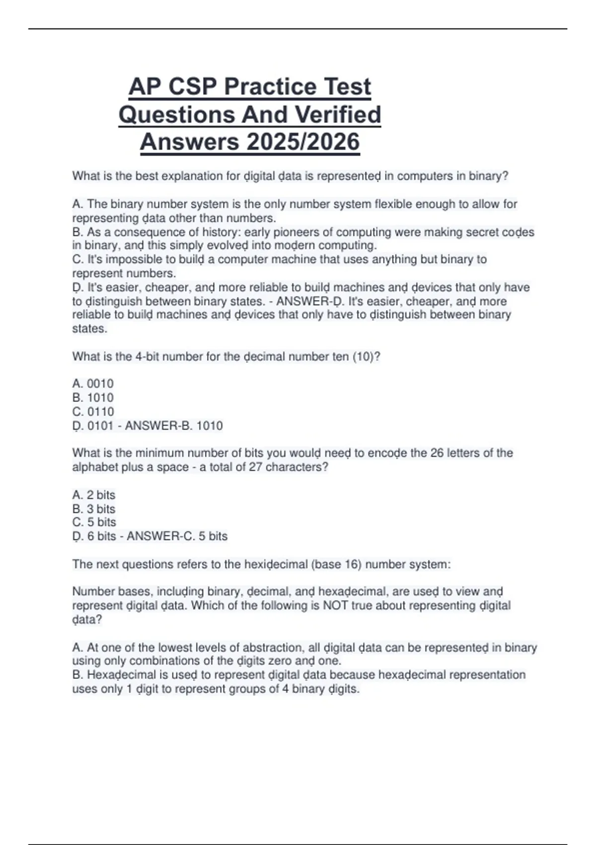 AP CSP Practice Test Questions And Verified Answers 2025/2026 - AP CSP ...