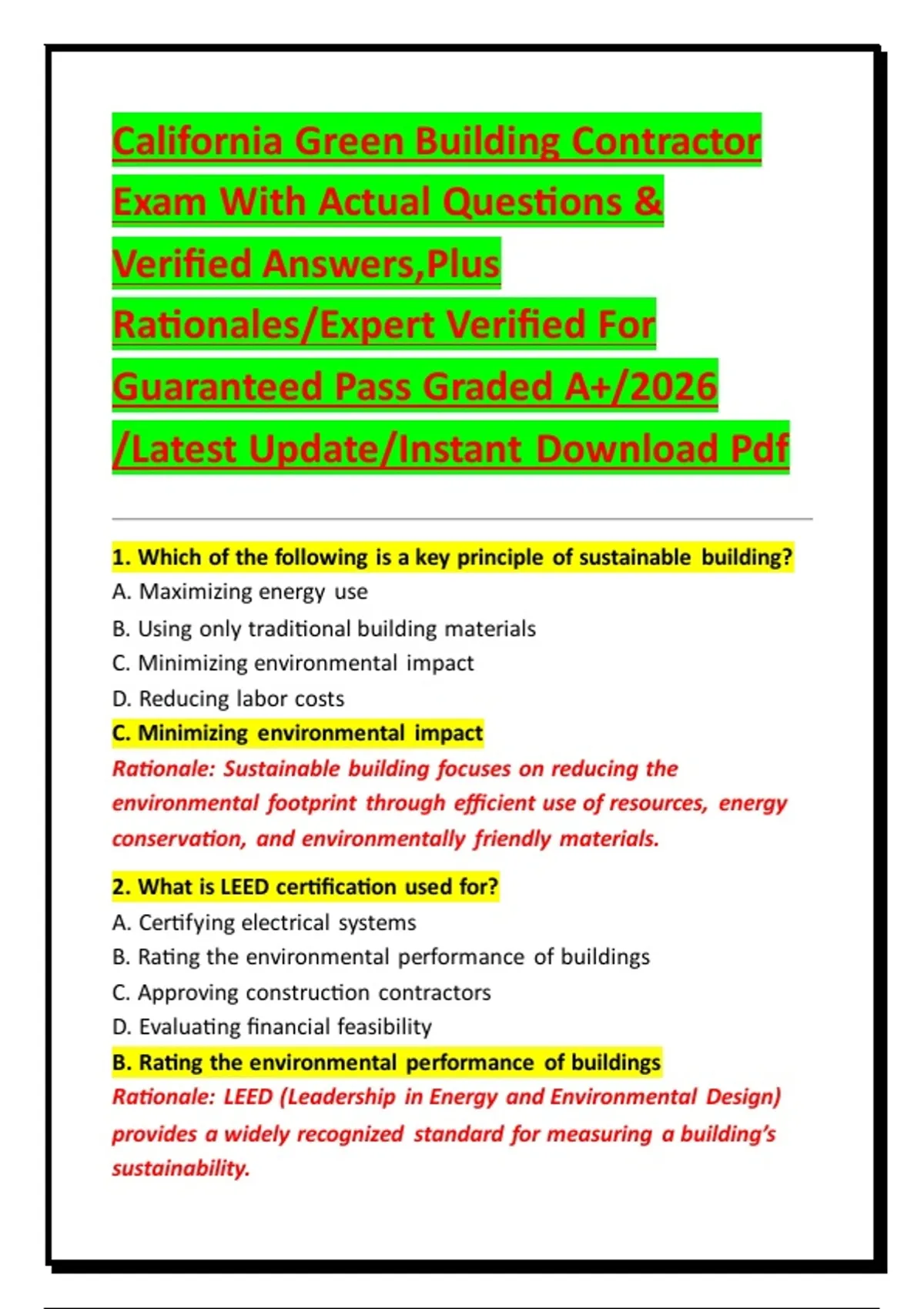 California Green Building Contractor Exam With Actual Questions & Verified Answers,Plus ...