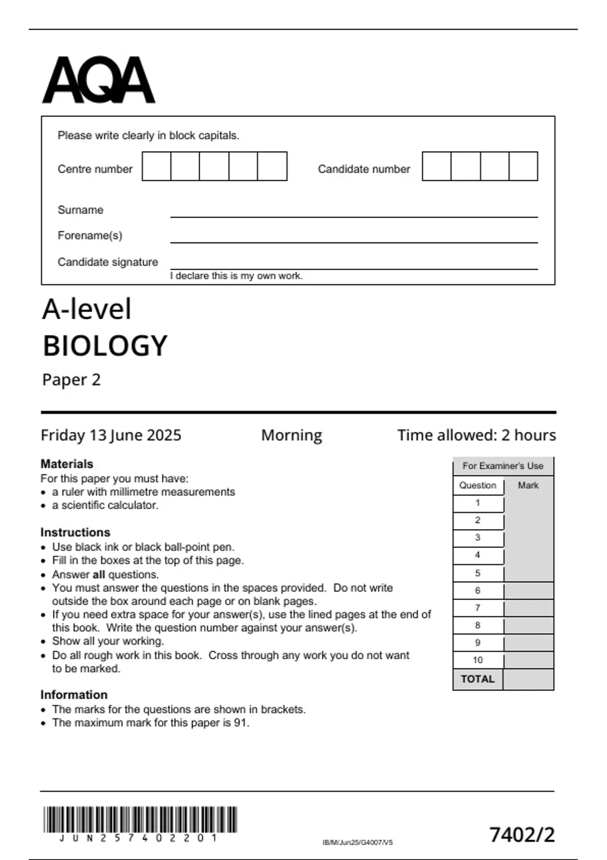 2025 AQA A-LEVEL BIOLOGY PAPER 2 QUESTION PAPER - Biology - Stuvia UK