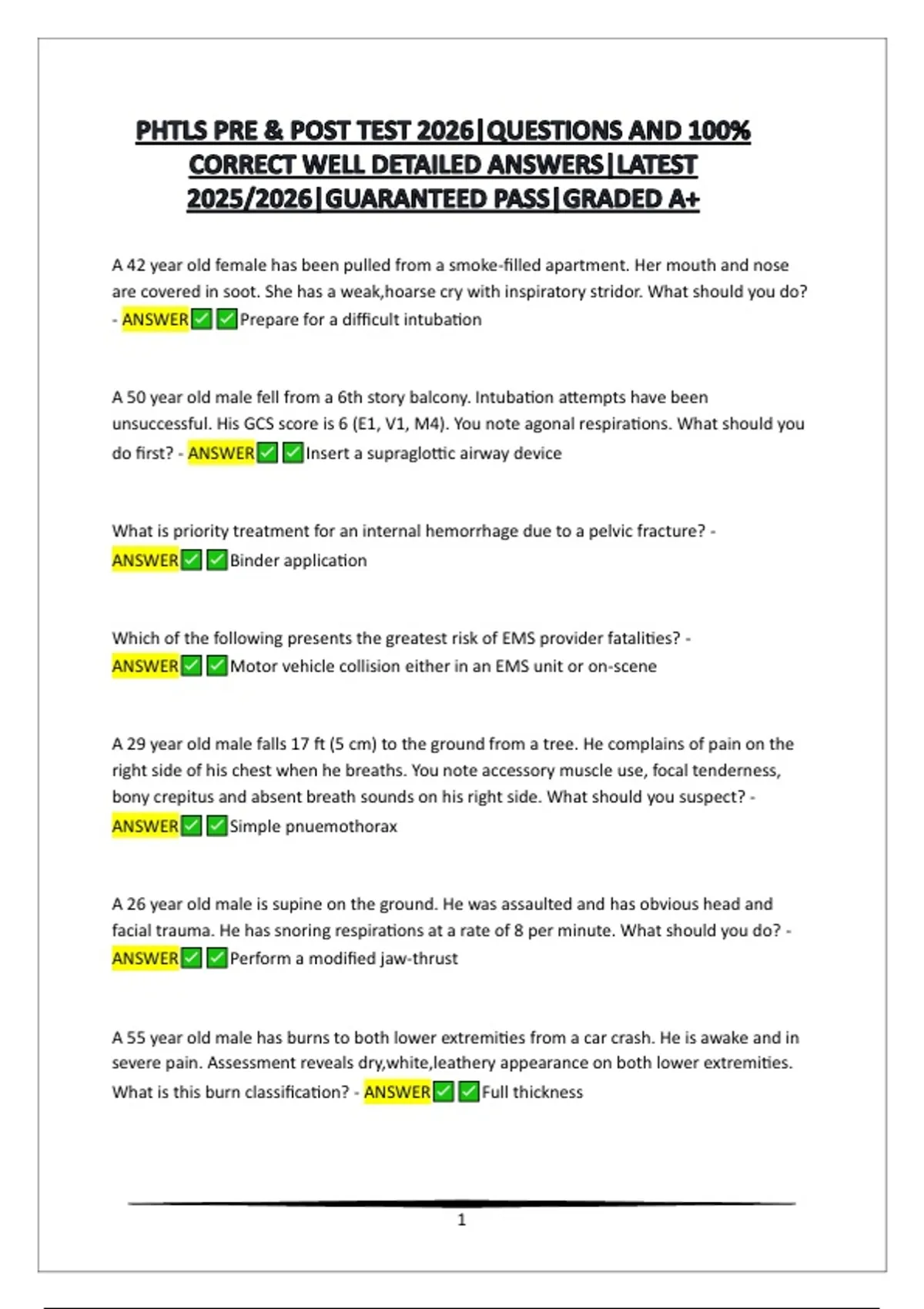 PHTLS PRE & POST TEST 2026|QUESTIONS AND 100% CORRECT WELL DETAILED ...