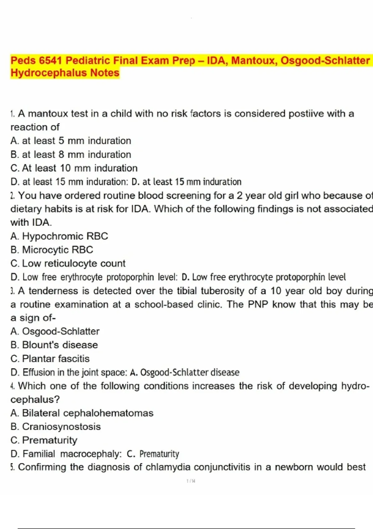 Peds 6541 Pediatric Final Exam Prep – IDA, Mantoux, Osgood-Schlatter ...