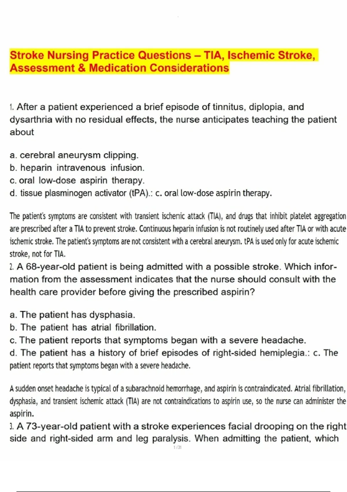 Stroke Nursing Practice Questions – TIA, Ischemic Stroke, Assessment ...