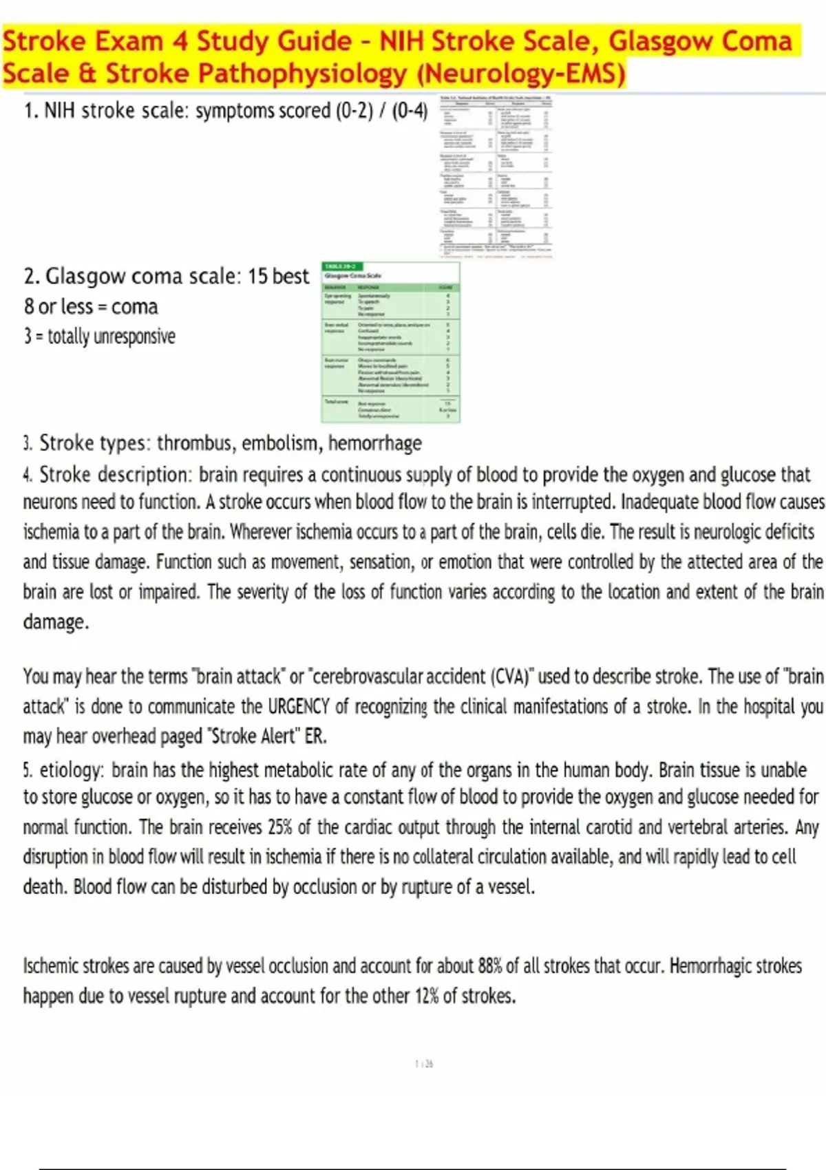 Stroke Exam 4 Study Guide – NIH Stroke Scale, Glasgow Coma Scale ...