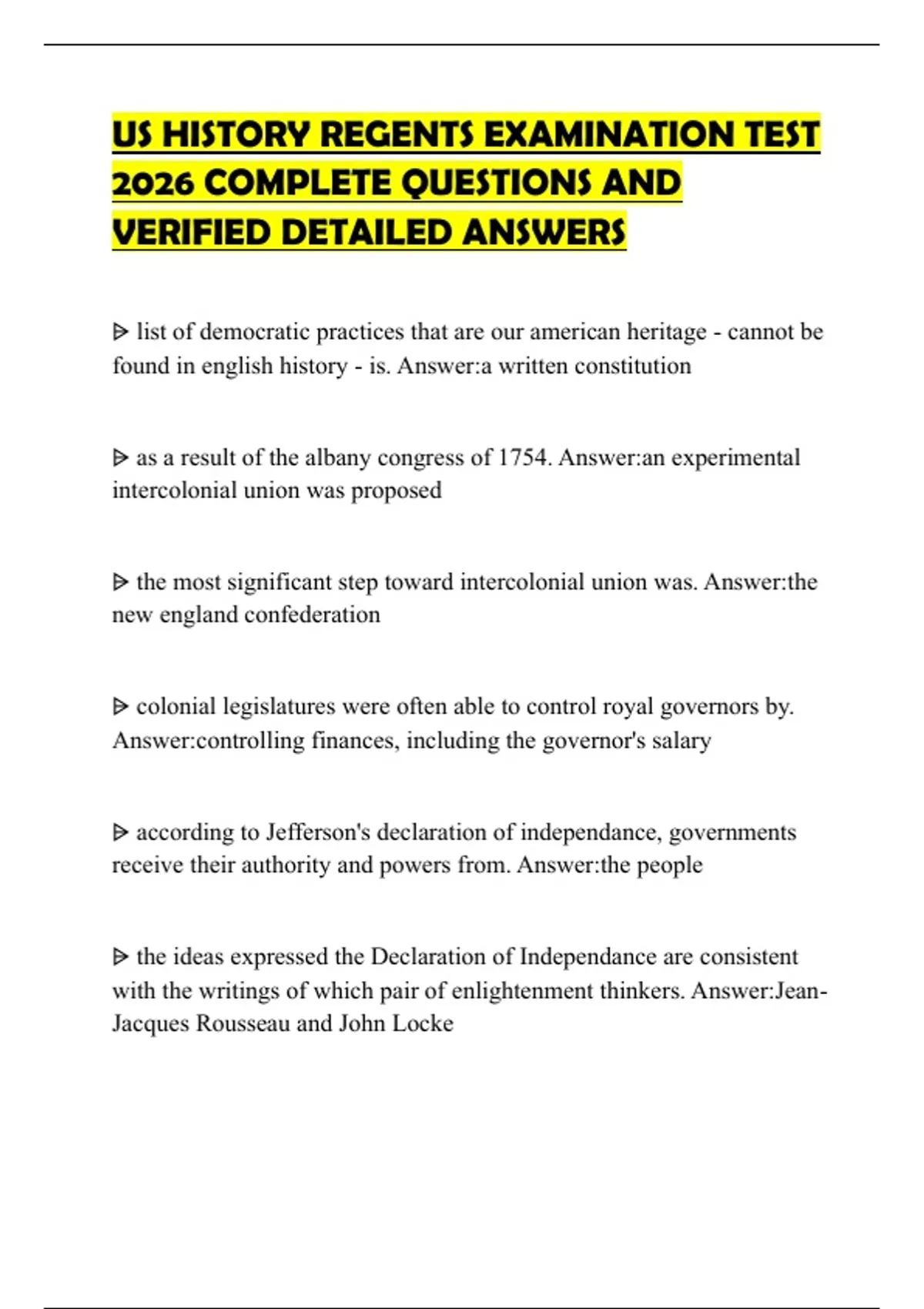 US HISTORY REGENTS EXAMINATION TEST 2026 COMPLETE QUESTIONS AND ...