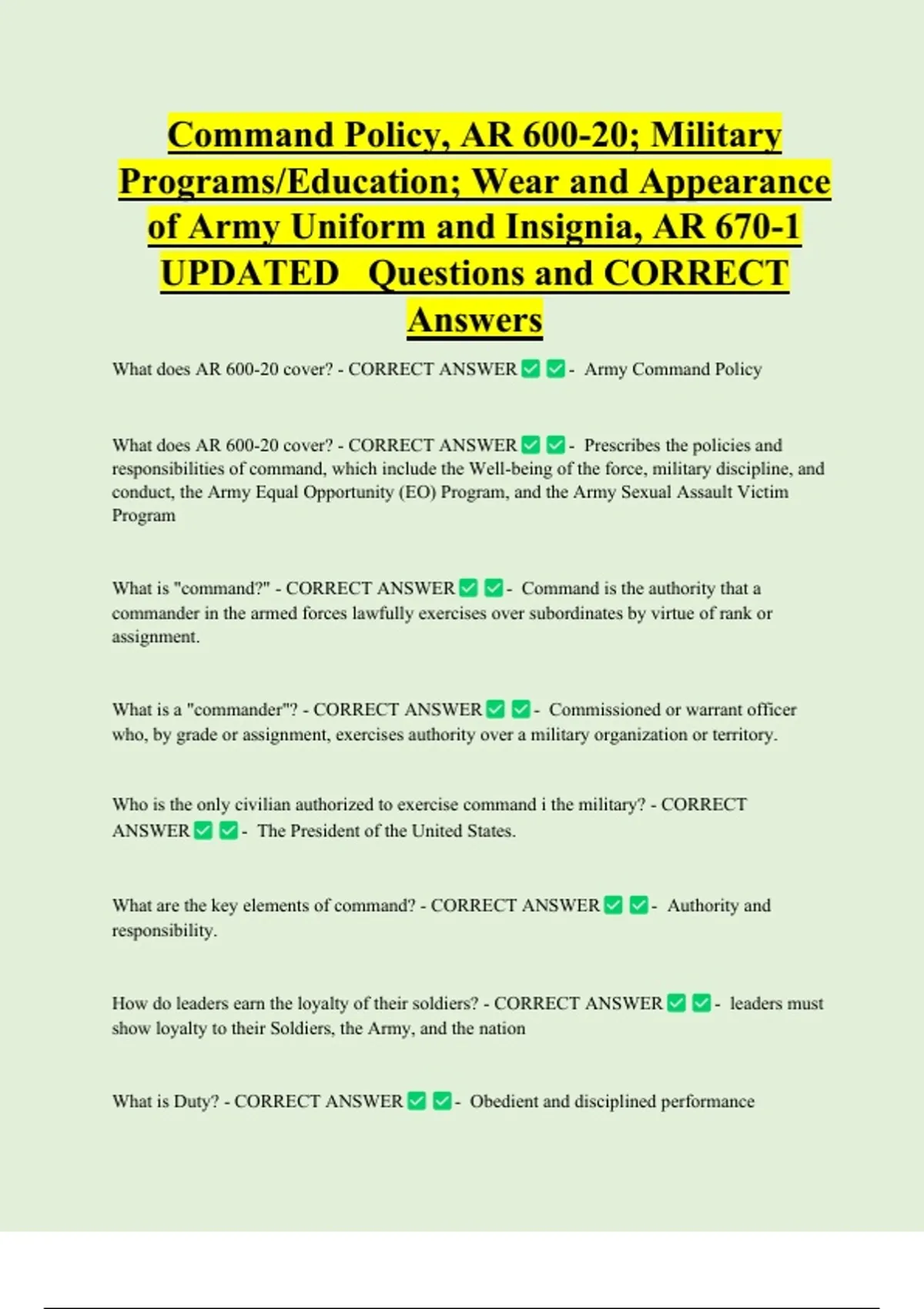 Command Policy, AR 600-20; Military Programs/Education; Wear and ...