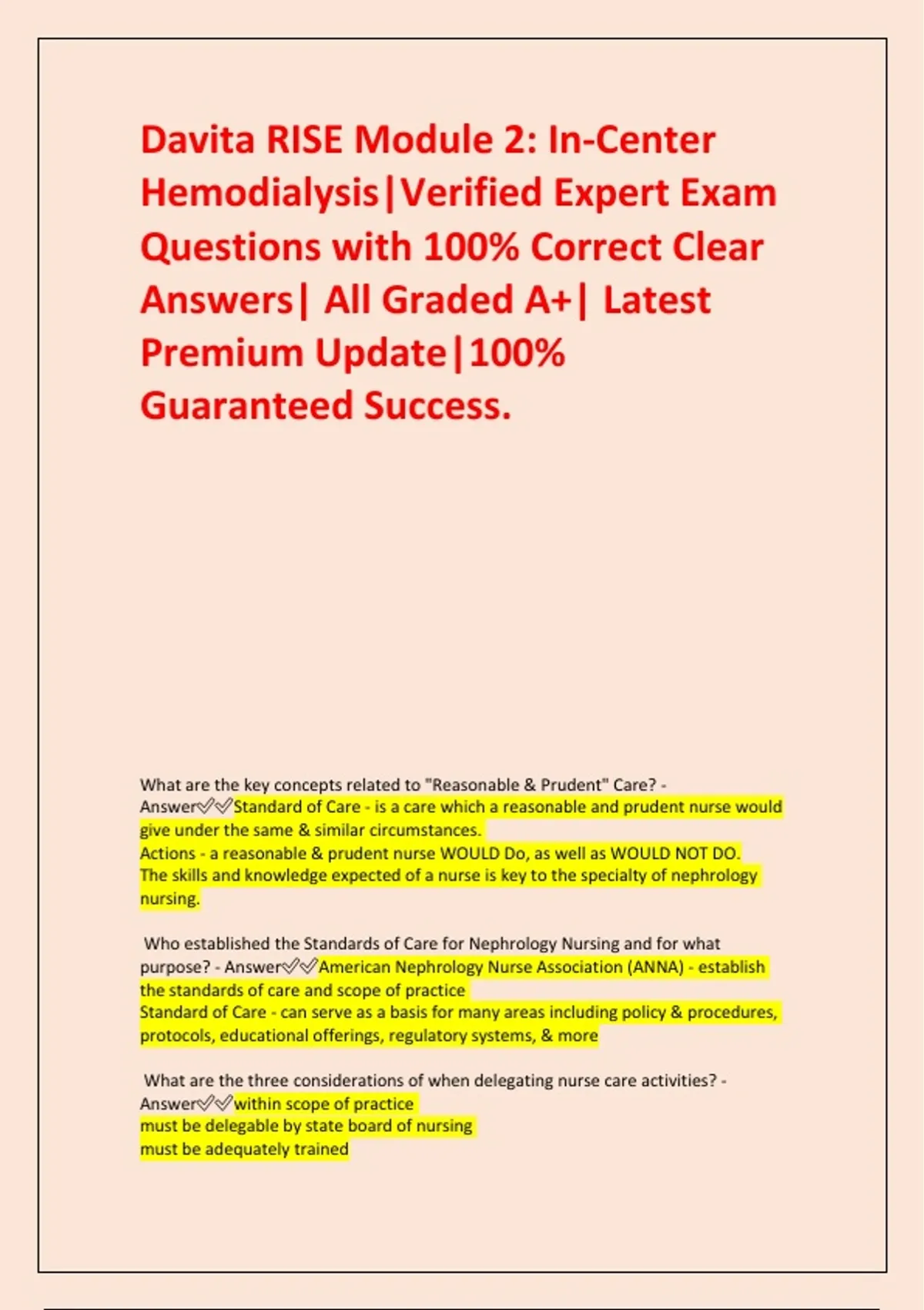 Davita RISE Module 2: In-Center Hemodialysis|Verified Expert Exam ...