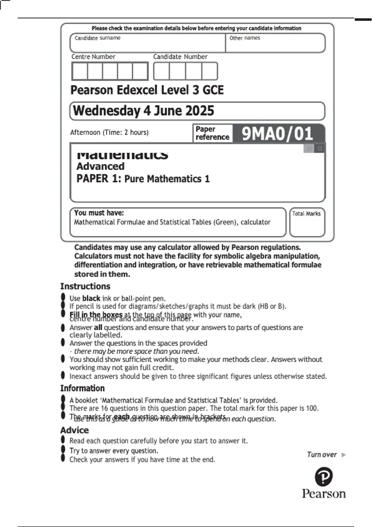 2025 Pearson Edexcel GCE In Mathematics (9MA0) Paper 01 Pure Mathematics actual question paper ...