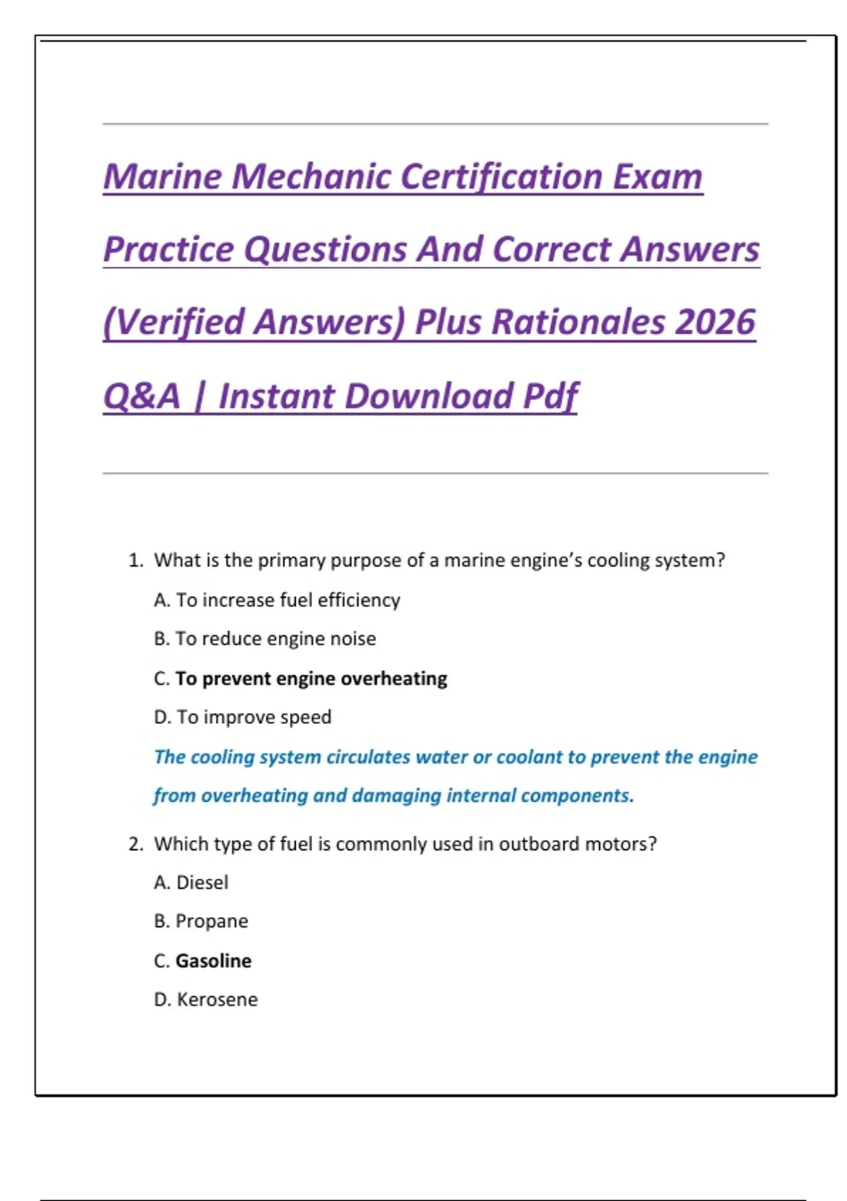 Marine Mechanic Certification Exam Practice Questions And Correct ...