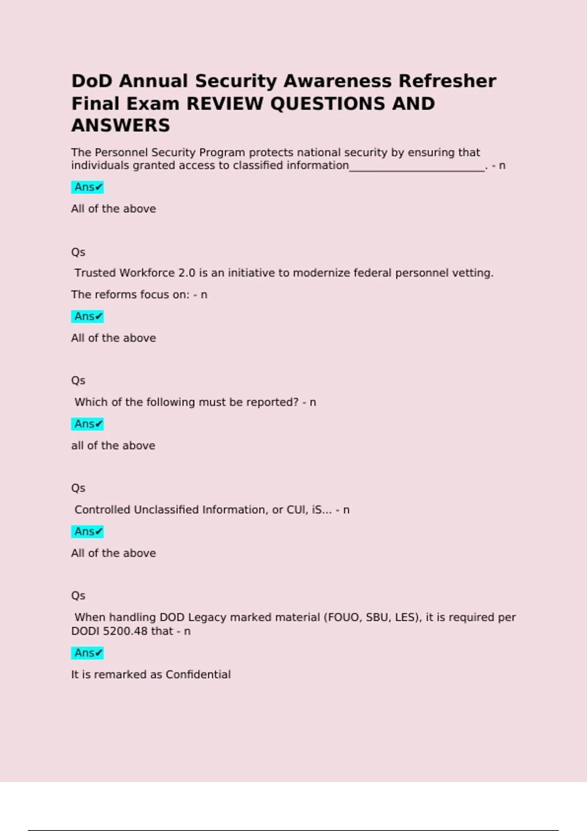 DoD Annual Security Awareness Refresher Final Exam REVIEW QUESTIONS AND ...