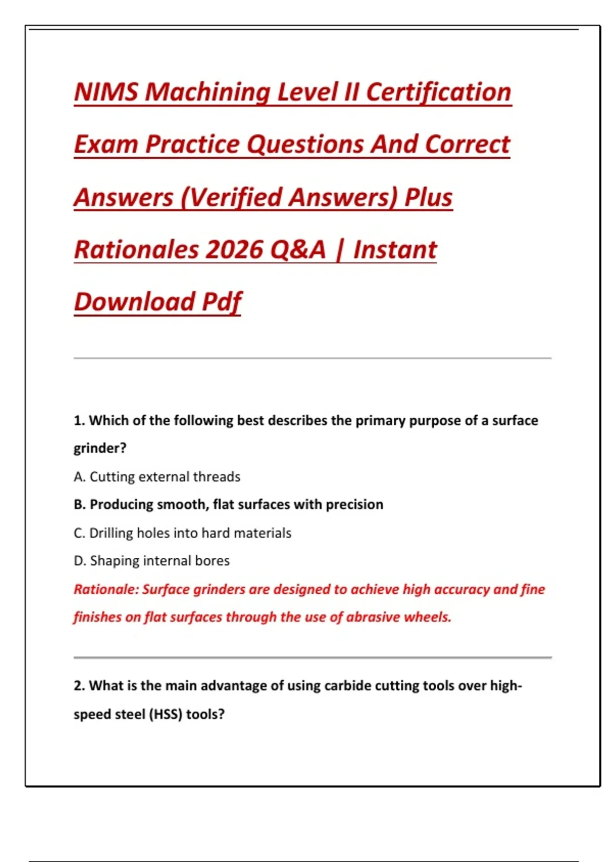 NIMS Machining Level II Certification Exam Practice Questions And ...