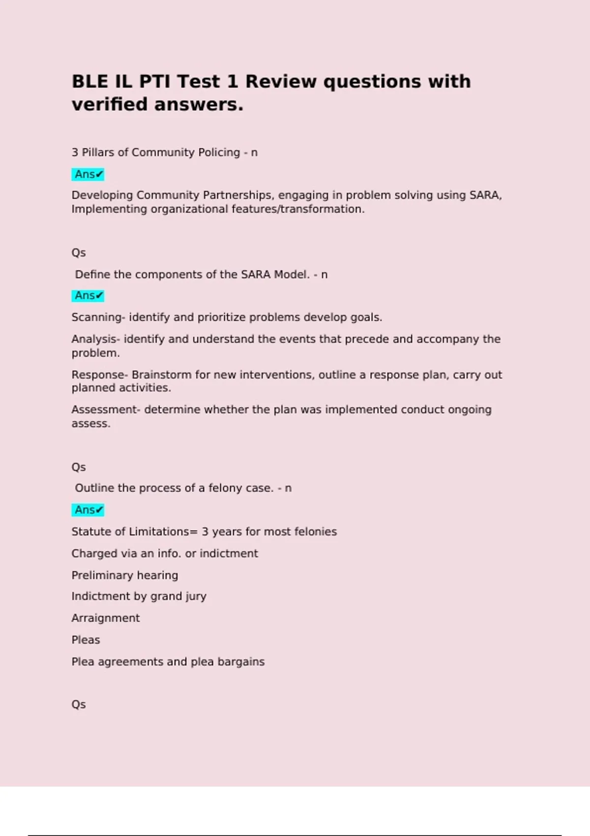 BLE IL PTI Test 1 Review questions with verified answers. 3 Pillars of ...