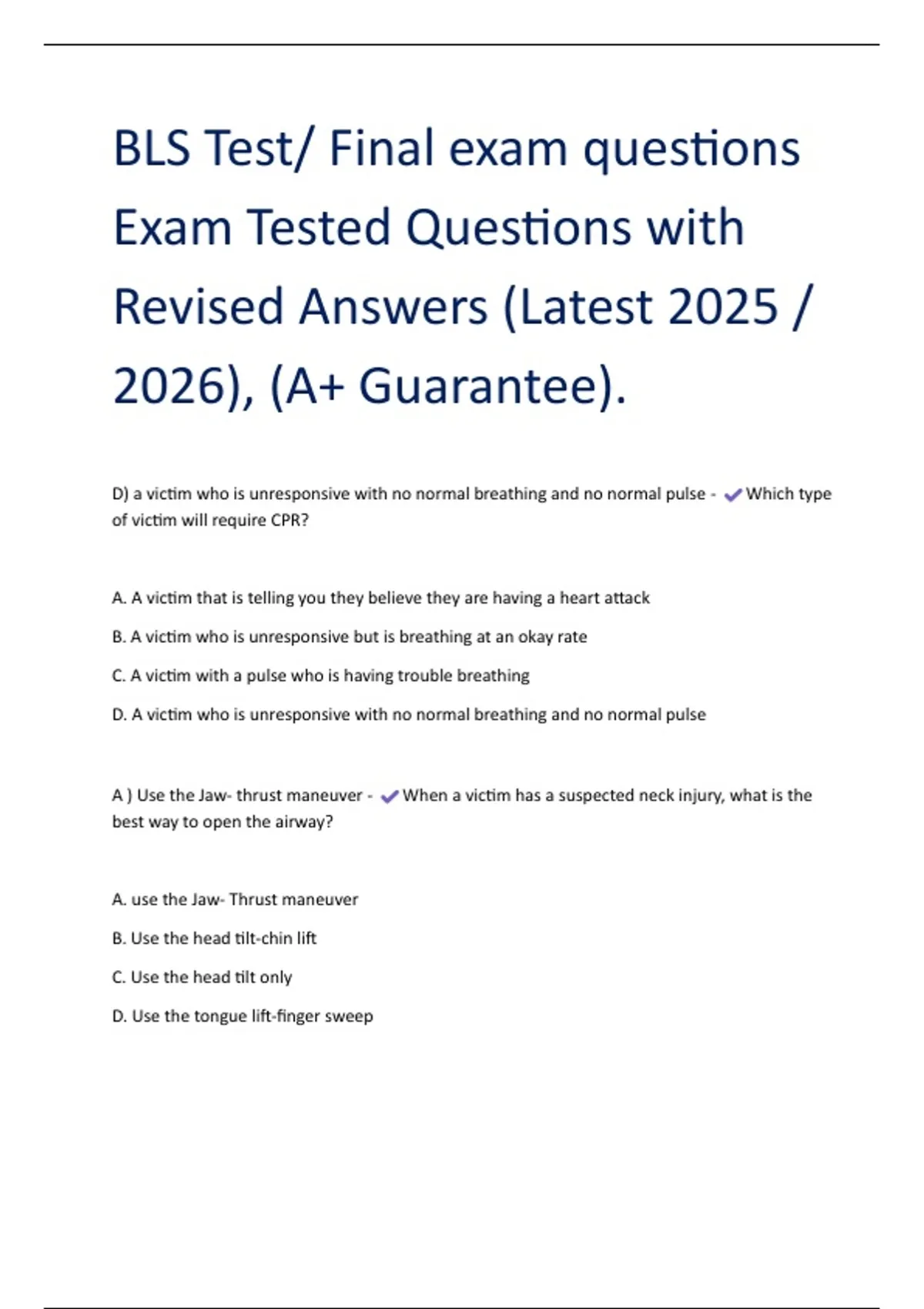 BLS Test/ Final exam questions Exam Tested Questions with Revised ...