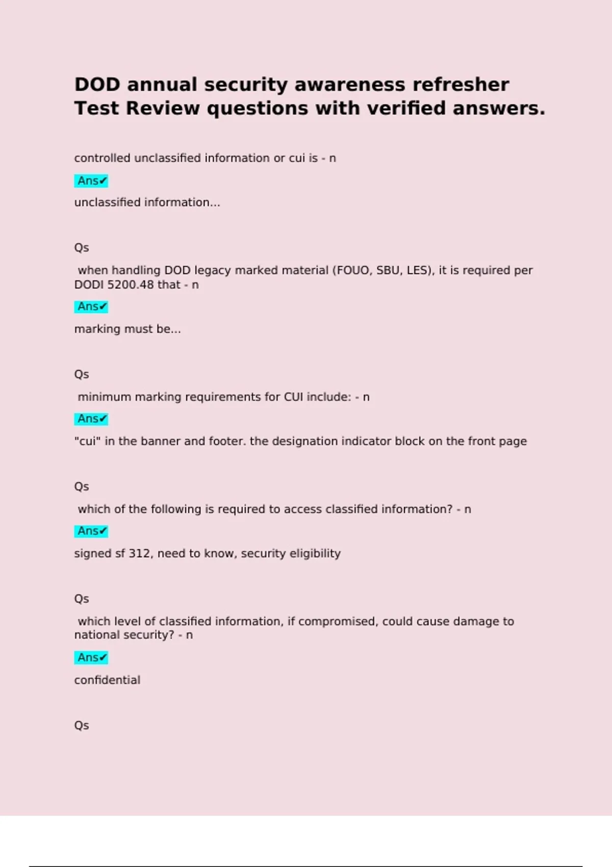 DOD annual security awareness refresher Test Review questions with ...